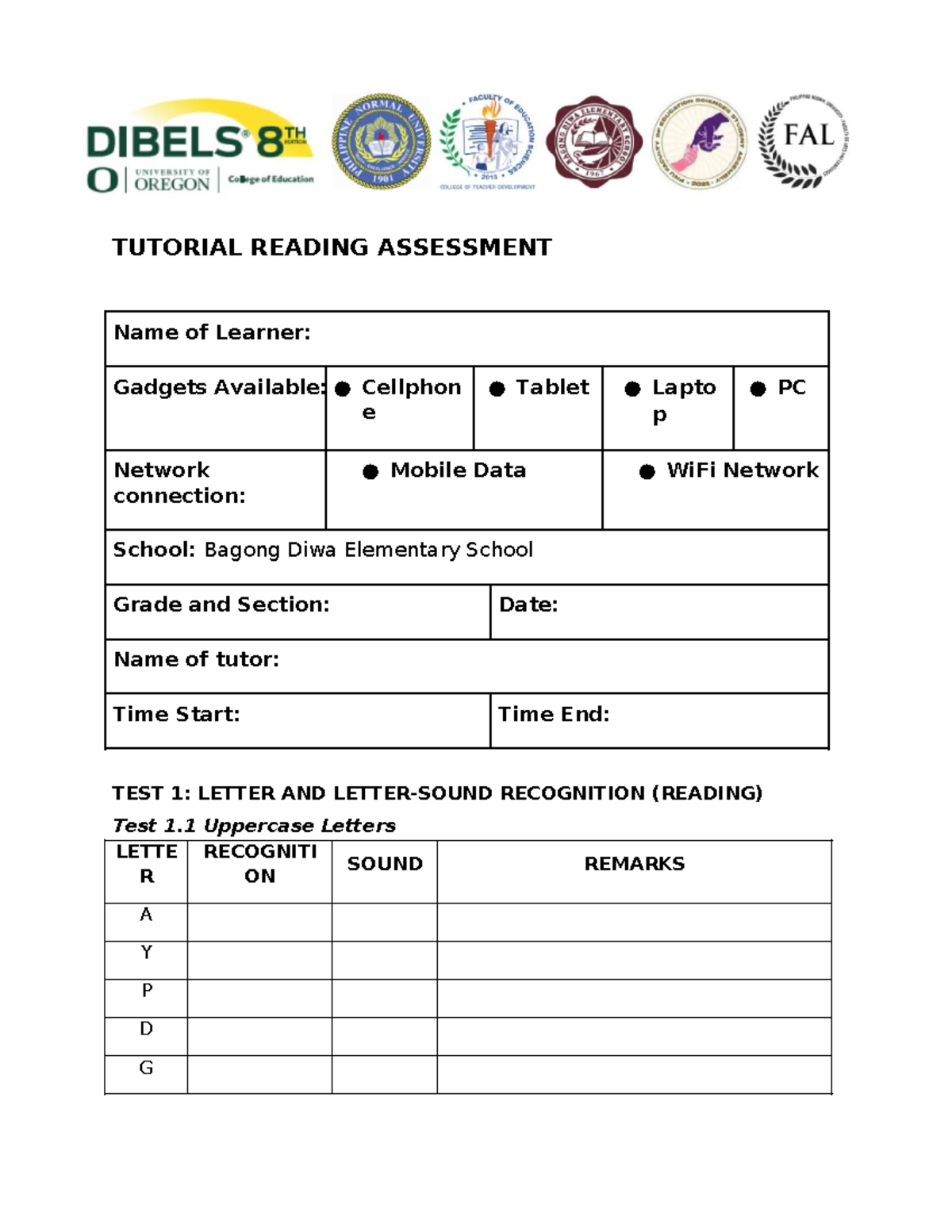 Dibels Scoresheet Template - TUTORIAL READING ASSESSMENT Name of ...