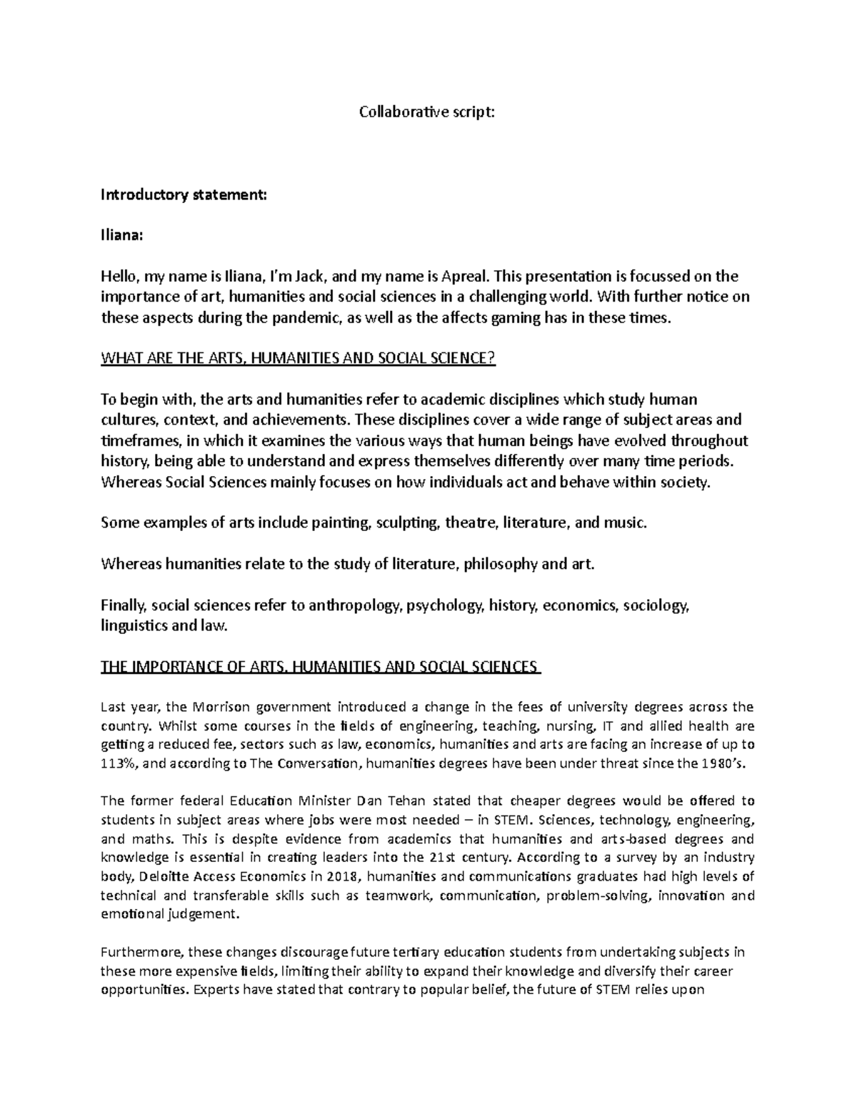 Collaborative script - Collaborative script: Introductory statement ...