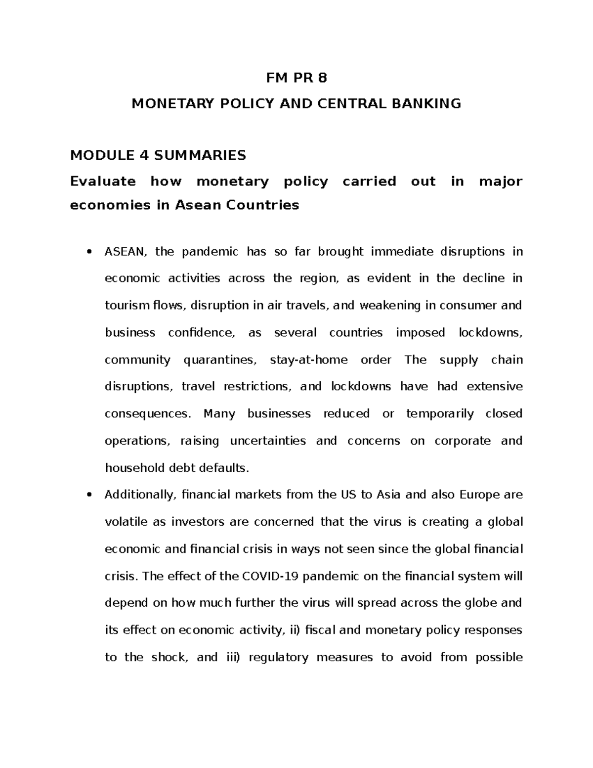 Monetary Policy and Central Banking FMPR8 Module 4 Course Lesson Summaries - FM PR 8 MONETARY ...