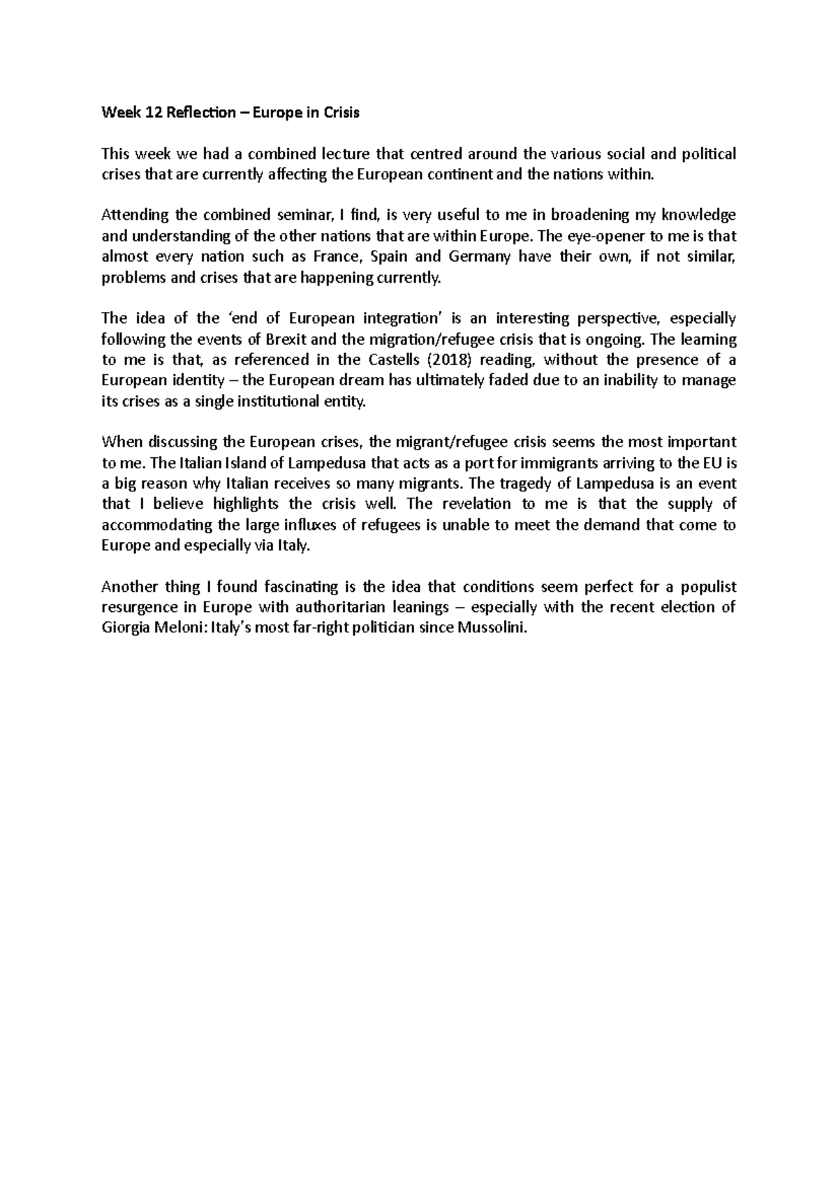 Week 12 Reflection - Week 12 Reflection – Europe in Crisis This week we ...