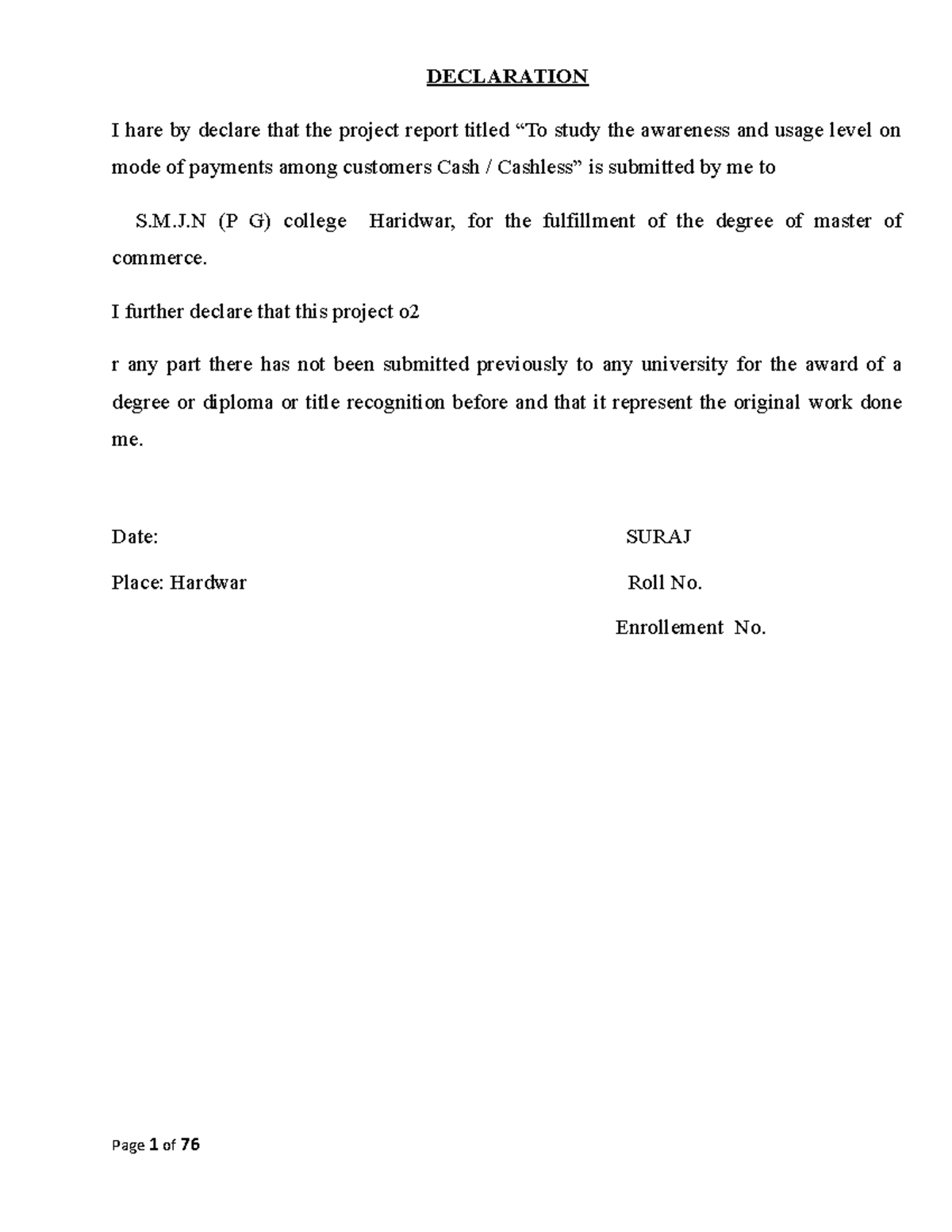 Project docx - Lecture notes 2 - DECLARATION I hare by declare that the ...