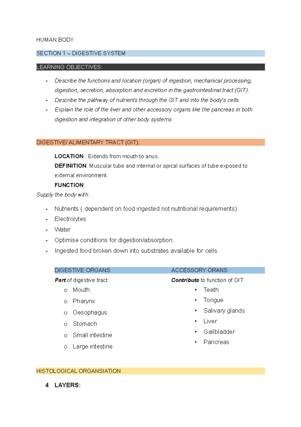 WEEK 1 - Digestion - HUMAN BODY SECTION 1 – DIGESTIVE SYSTEM LEARNING ...