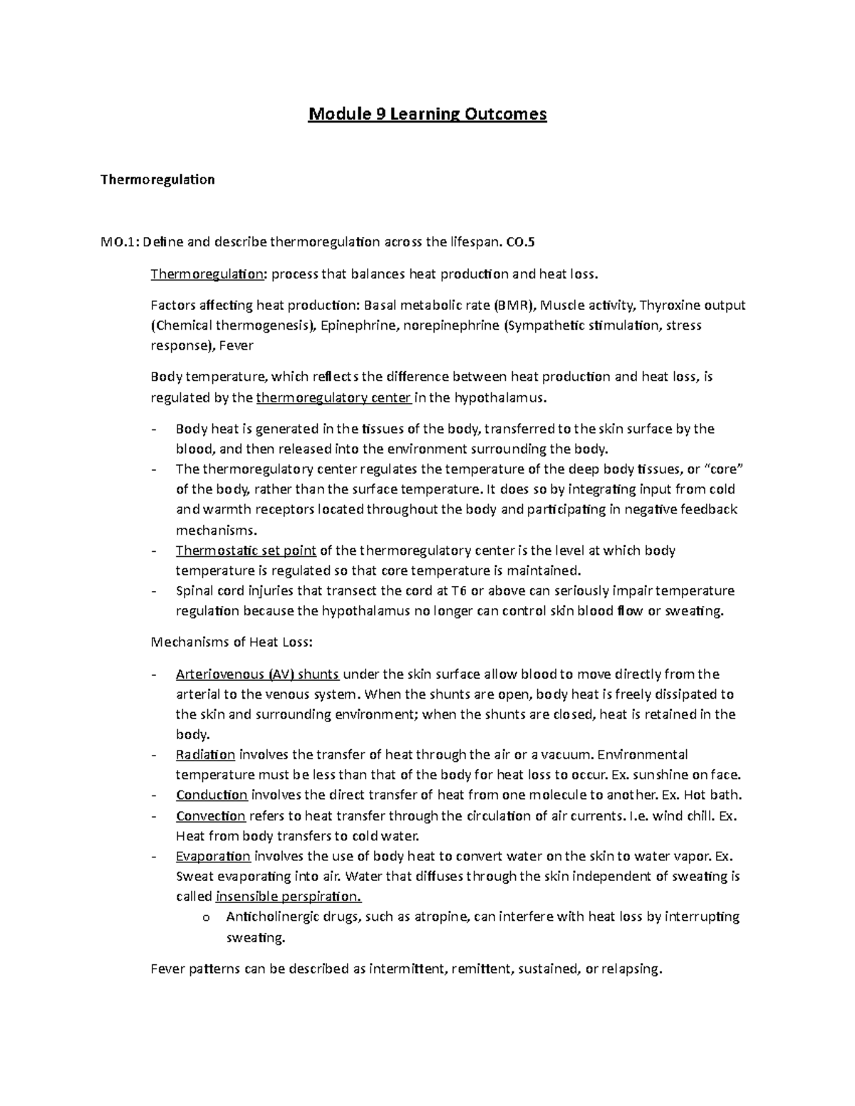 Module 9 Outcomes - Notes - Module 9 Learning Outcomes Thermoregulation ...