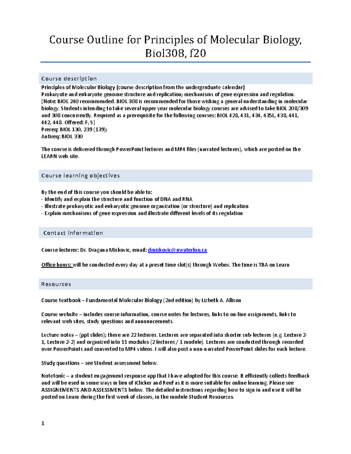 Biol308 Course Syllabus Fall 2020 Warning Tt Undefined Function 32 Warning Tt Undefined