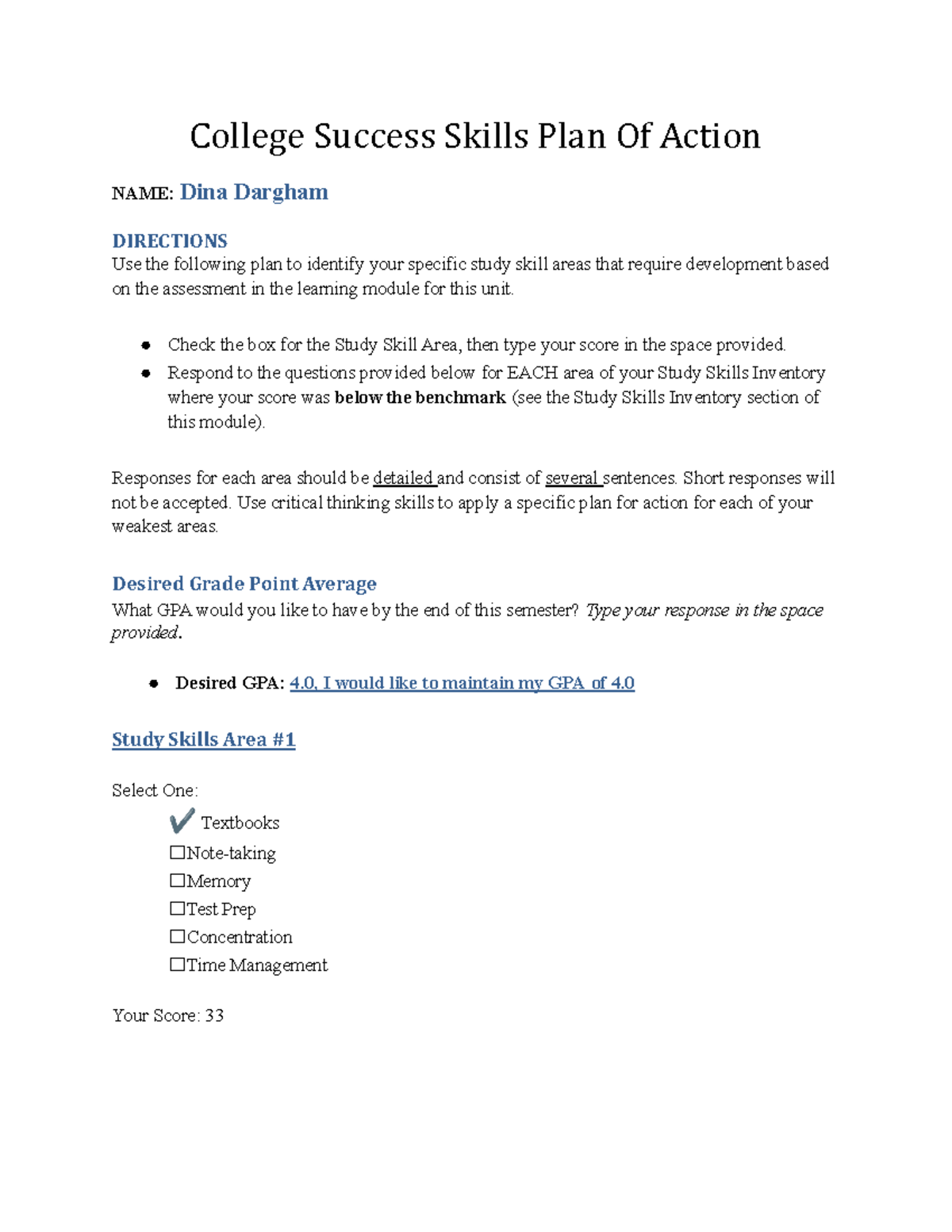 College Success Skills Plan of Action Form - College Success Skills ...