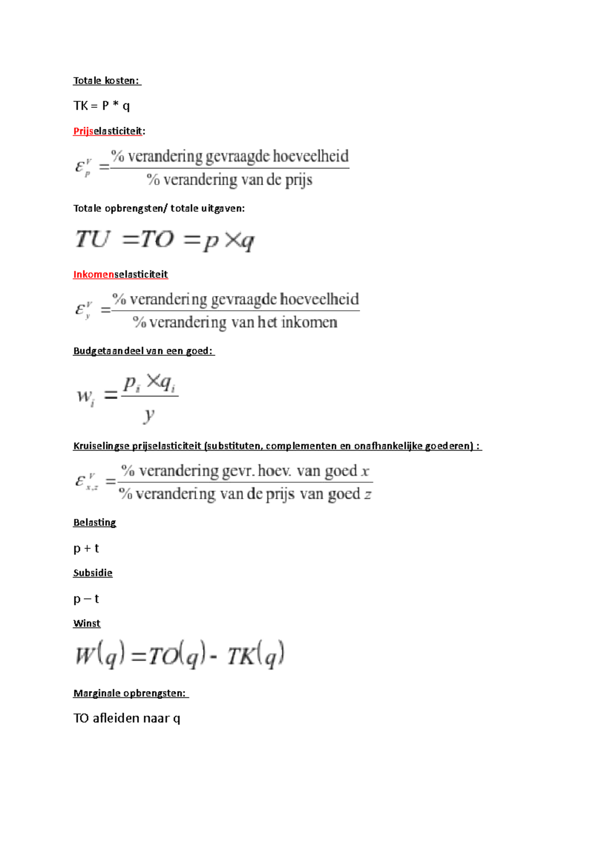 Economie-formules - economie formules - Totale kosten: TK = P * q ...