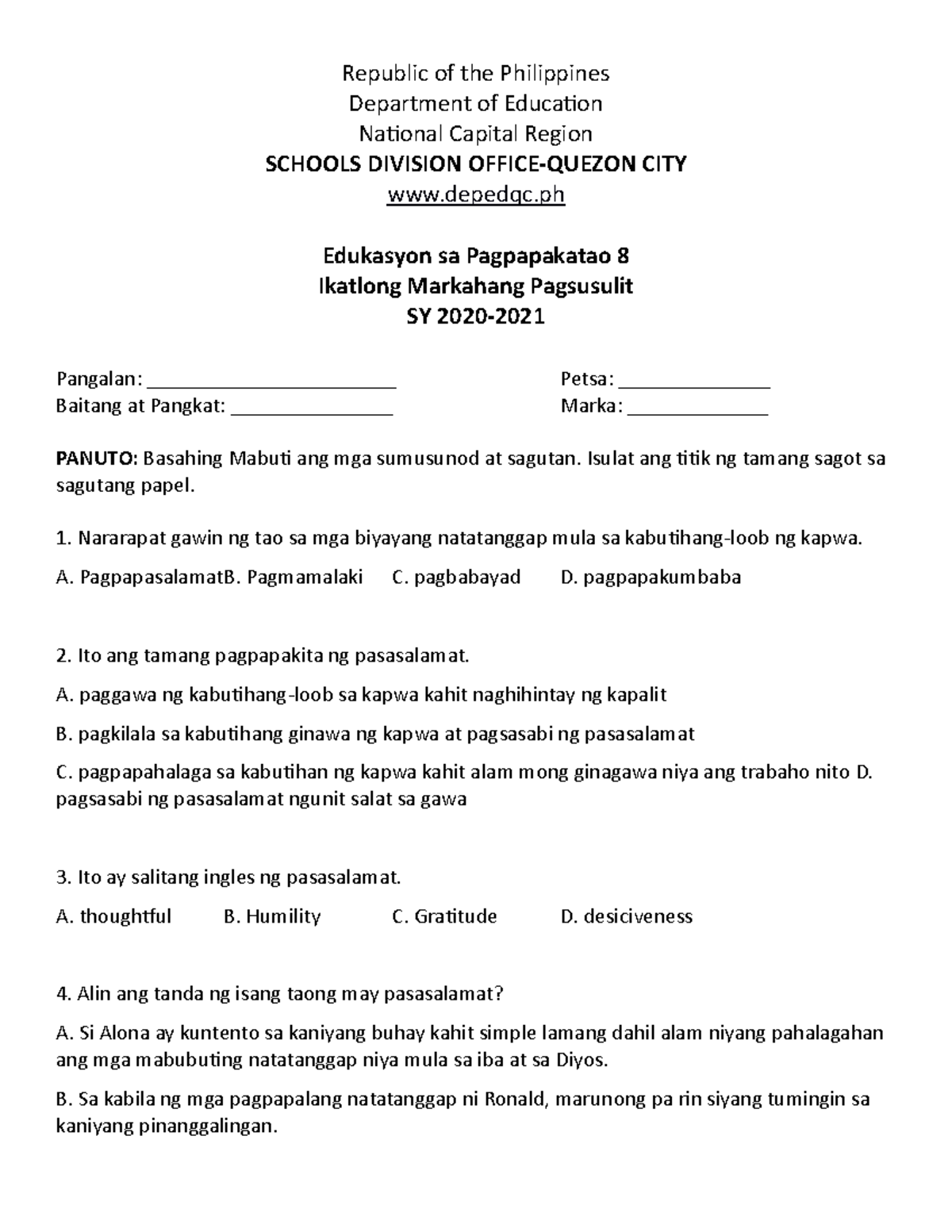3rd Grading - Periodical Exam E.S.P 8 - Republic of the Philippines ...