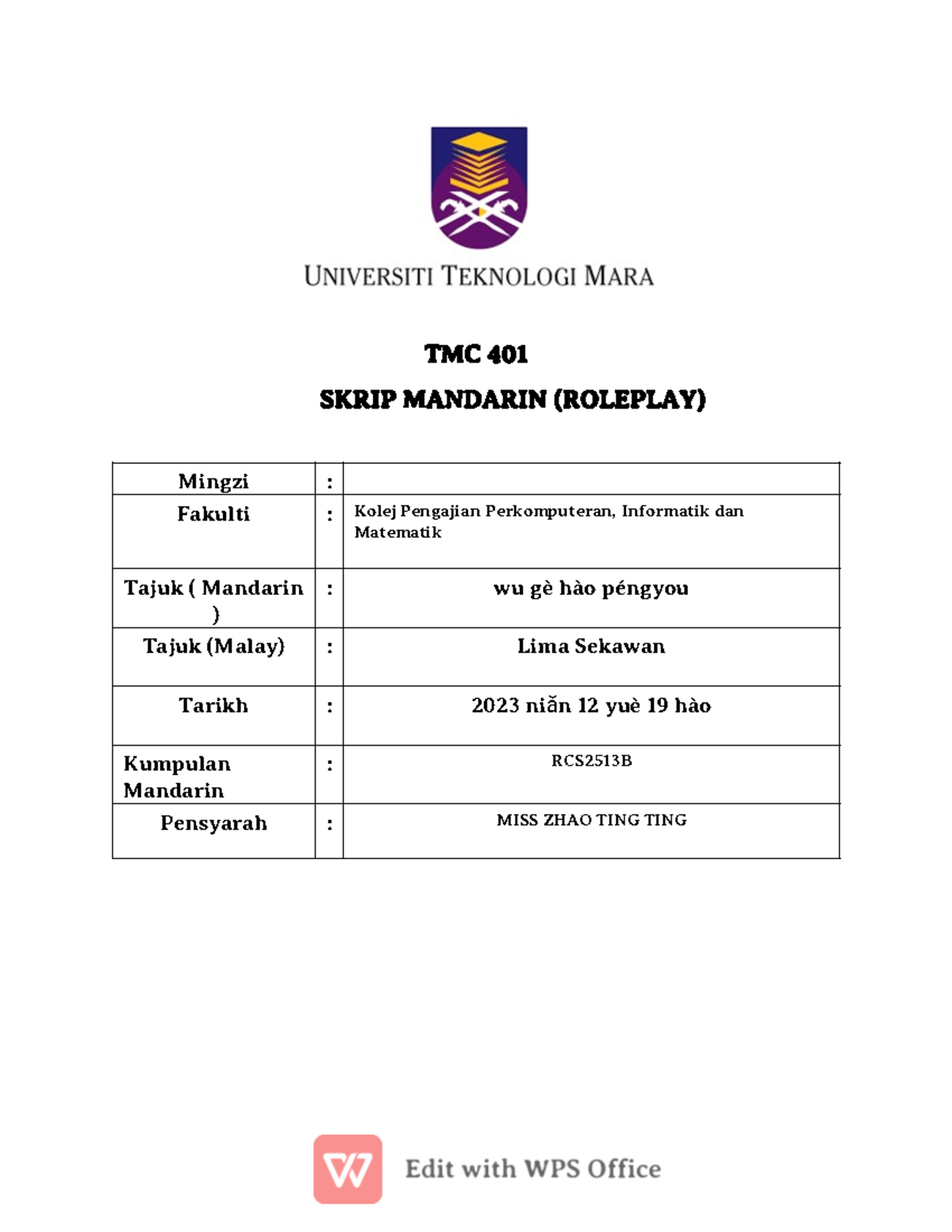Roleplay Mandarin TMC401 RCS2513B（marked) - TMC 401 SKRIP MANDARIN ...