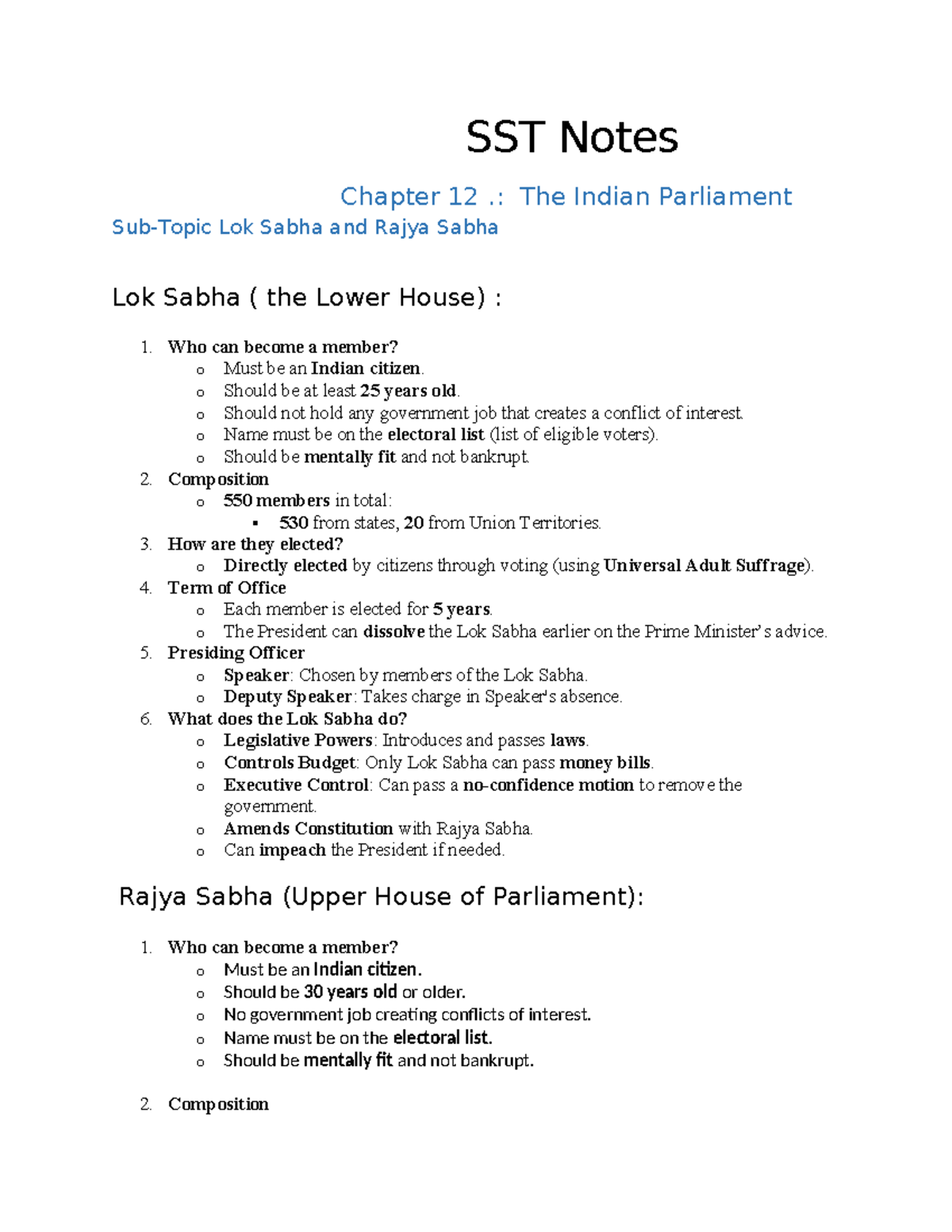 SST Notes - SST Notes Chapter 12 .: The Indian Parliament Sub-Topic Lok ...