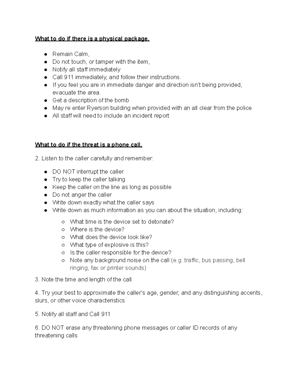 Bomb Threat Safety Procedure - Google Docs - What to do if there is a ...