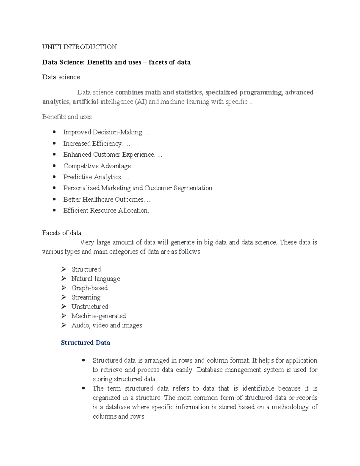 Datascience 1 & 2 - key points - UNITI INTRODUCTION Data Science: Benefits and uses – facets of ...