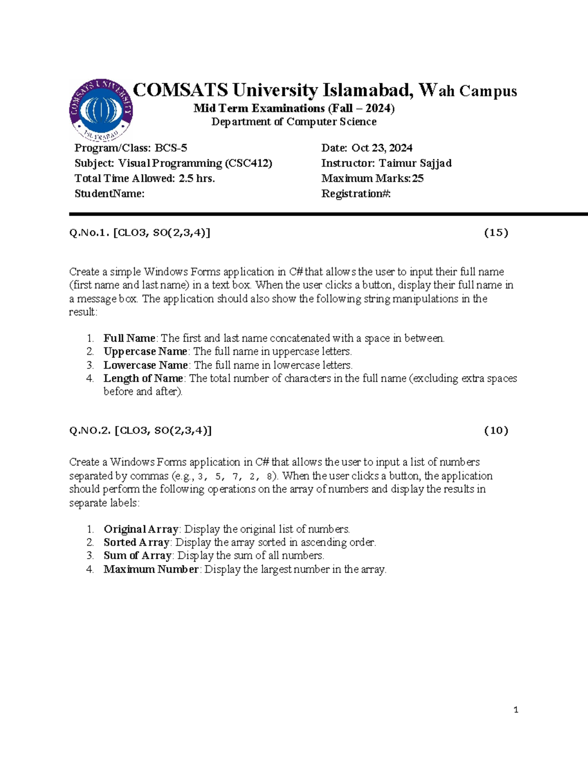 Lab mid - Lab Mid of Windows App - COMSATS University Islamabad, Wah ...
