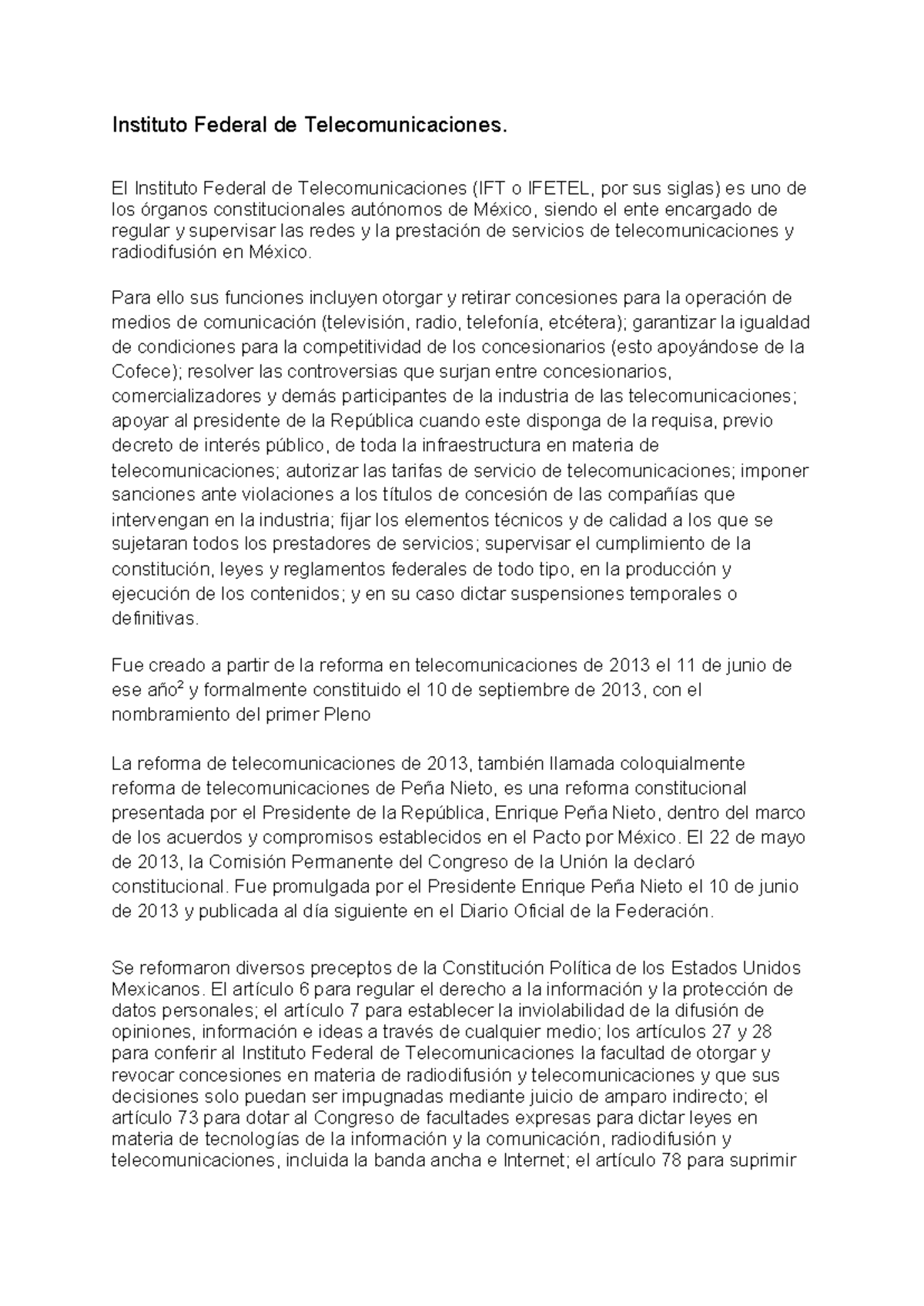 Instituto Federal de Telecomunicaciones - El Instituto Federal de ...