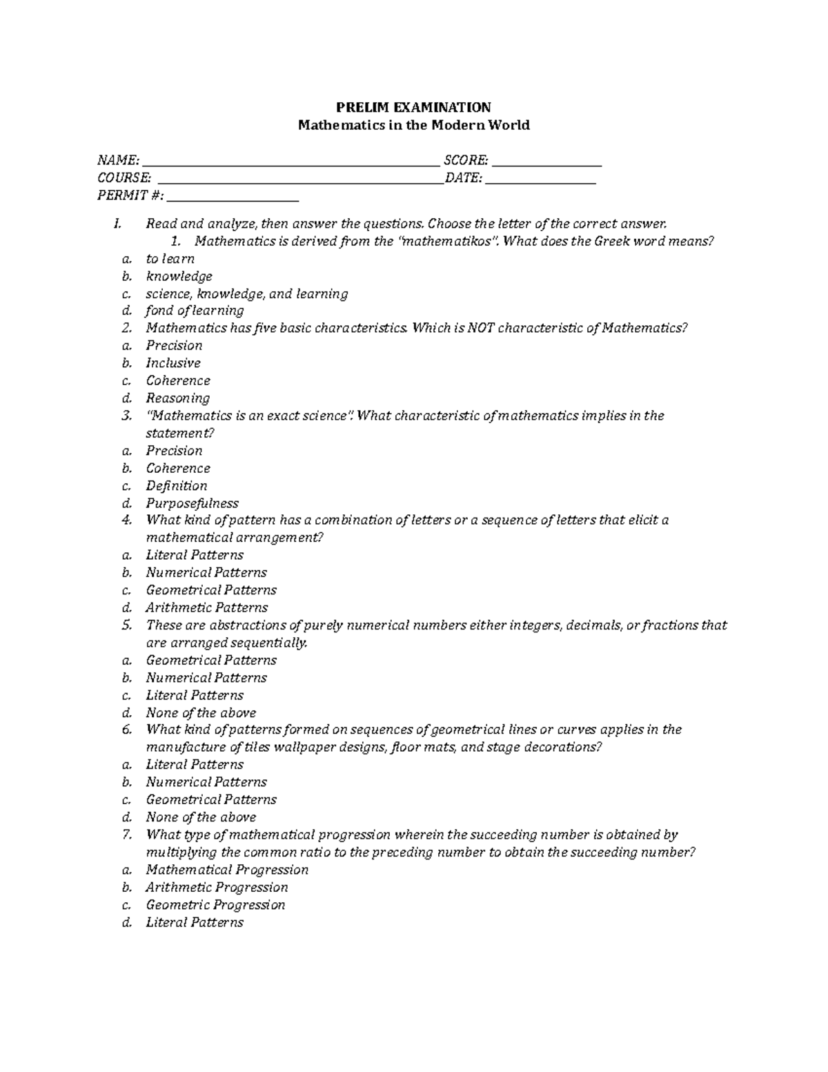 MATH- Prelim - Goodluckc - PRELIM EXAMINATION Mathematics in the Modern ...