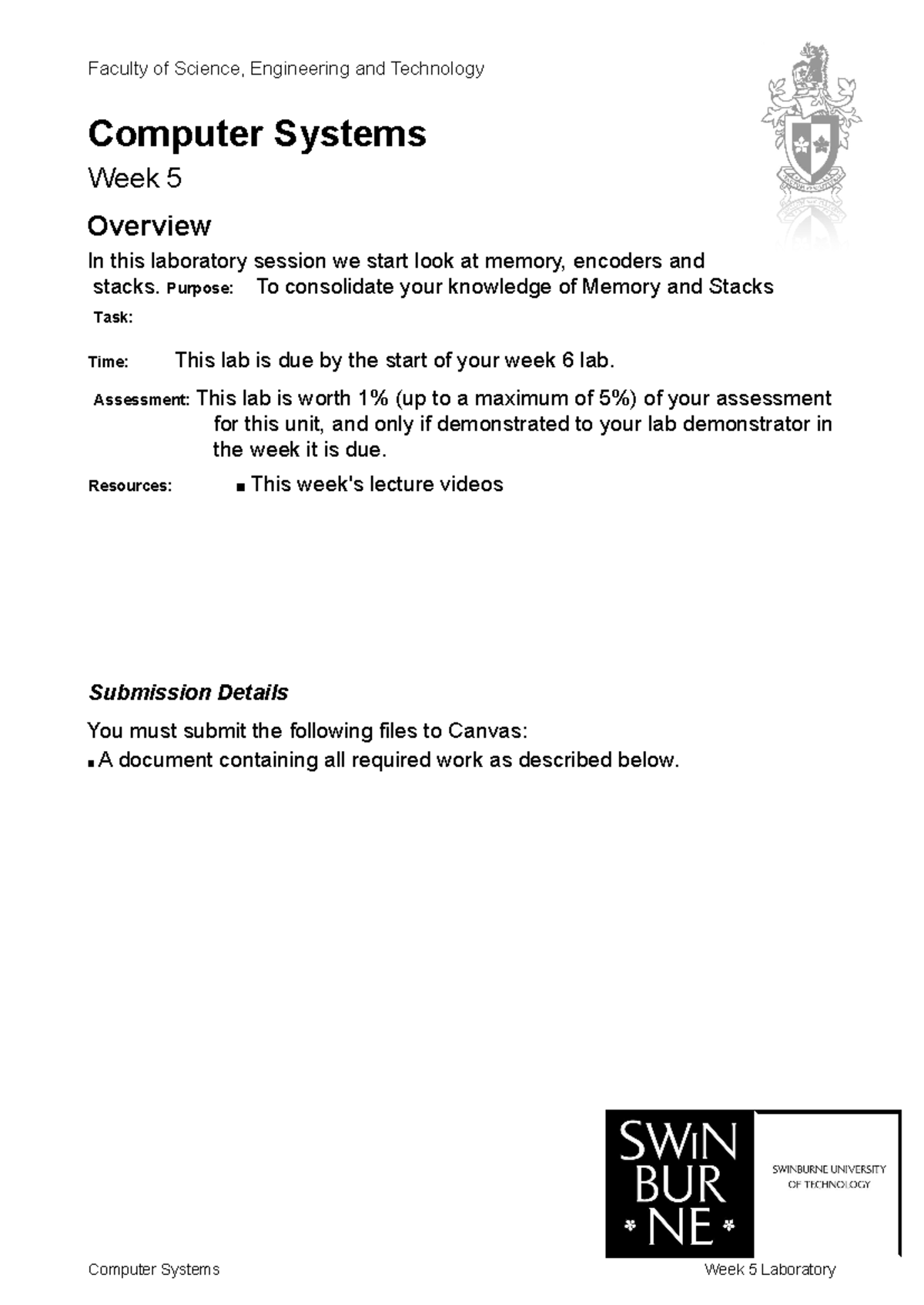 Week5 Lab - lab 5 - Faculty of Science, Engineering and Technology Computer Systems Week 5 ...