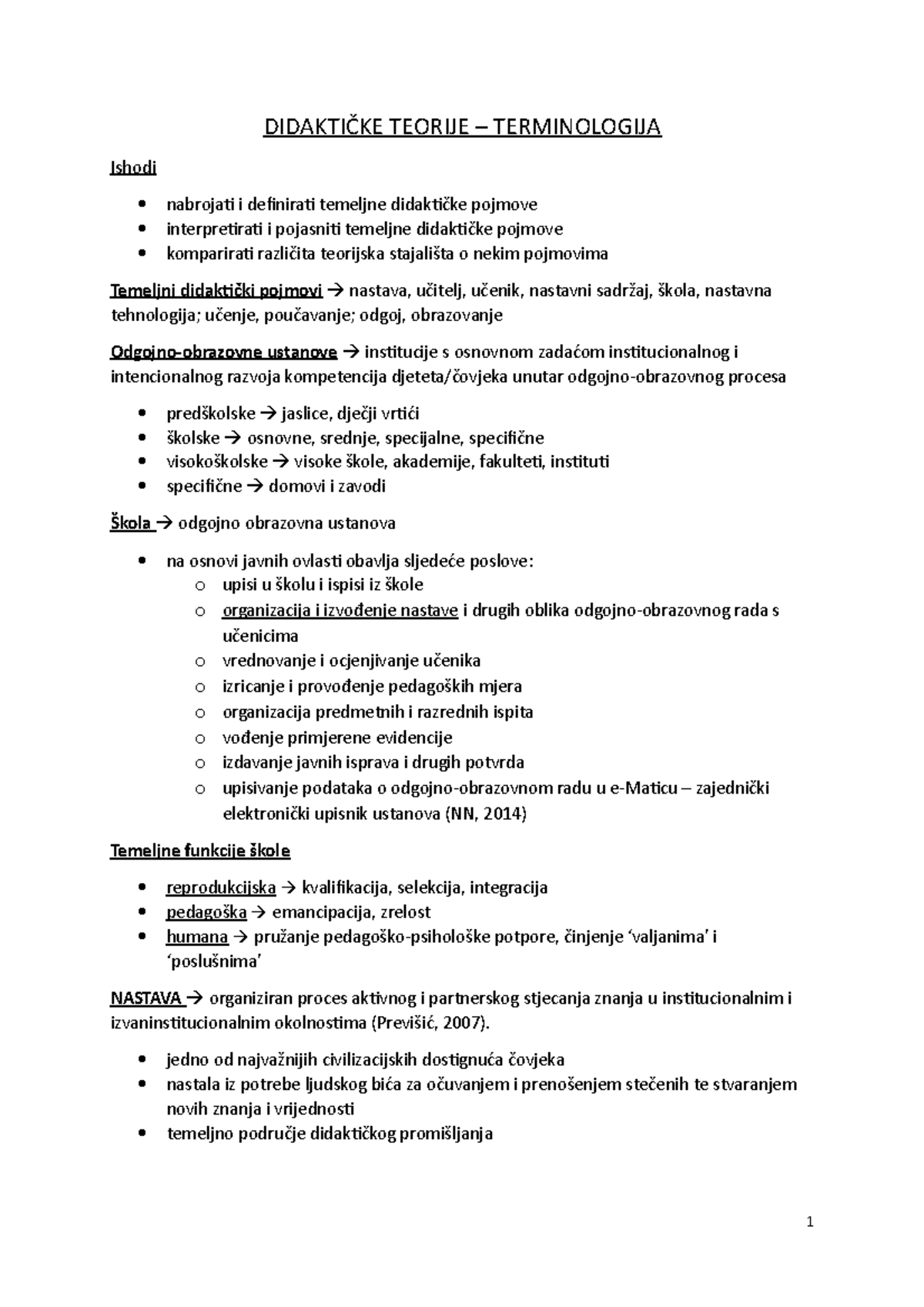 Didaktičke teorije - terminologija - TEORIJE TERMINOLOGIJA Ishodi ...