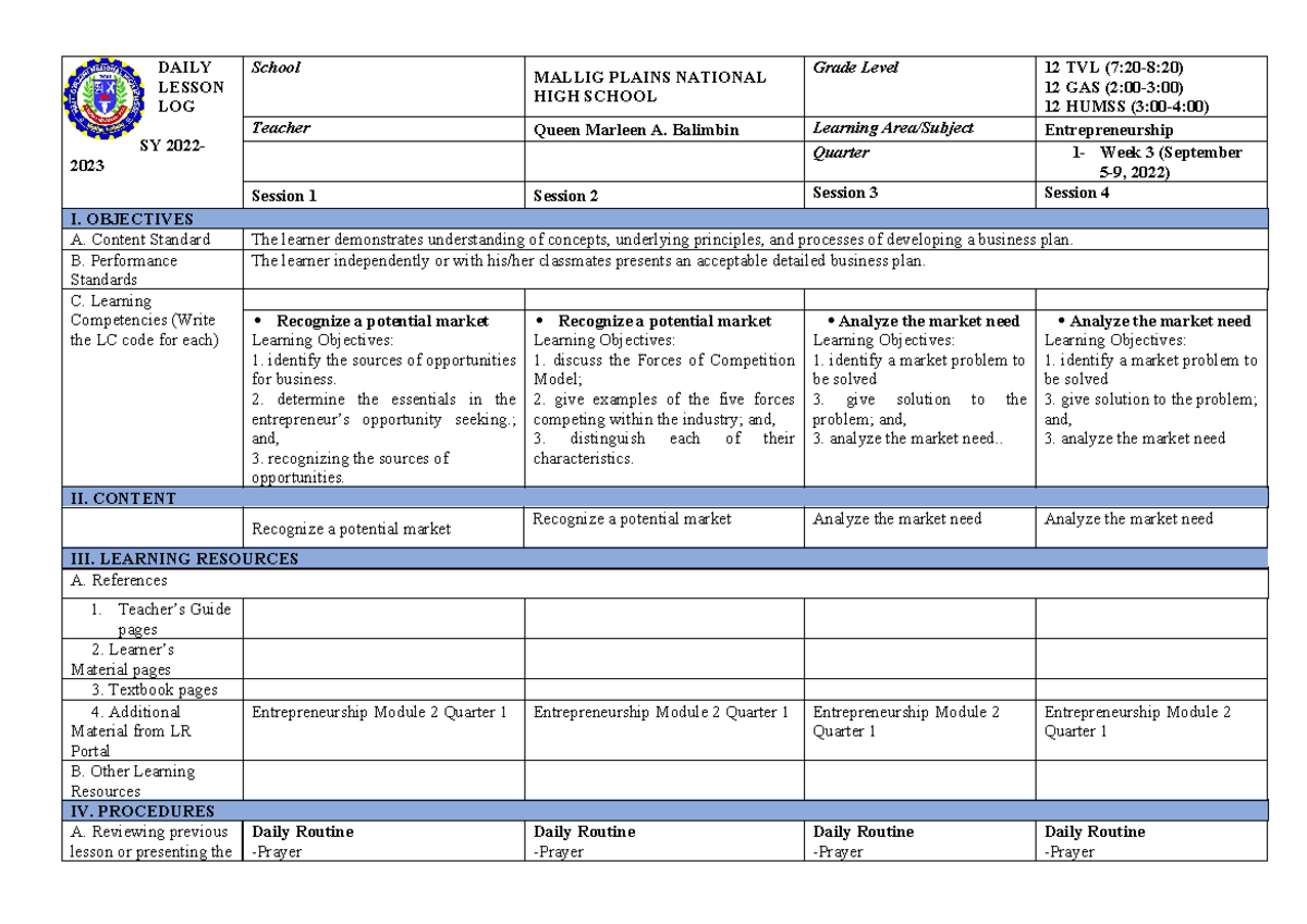 Entrep 12 Q1 W3(QMAB) - DLL - DAILY LESSON LOG SY 2022- 2023 School ...