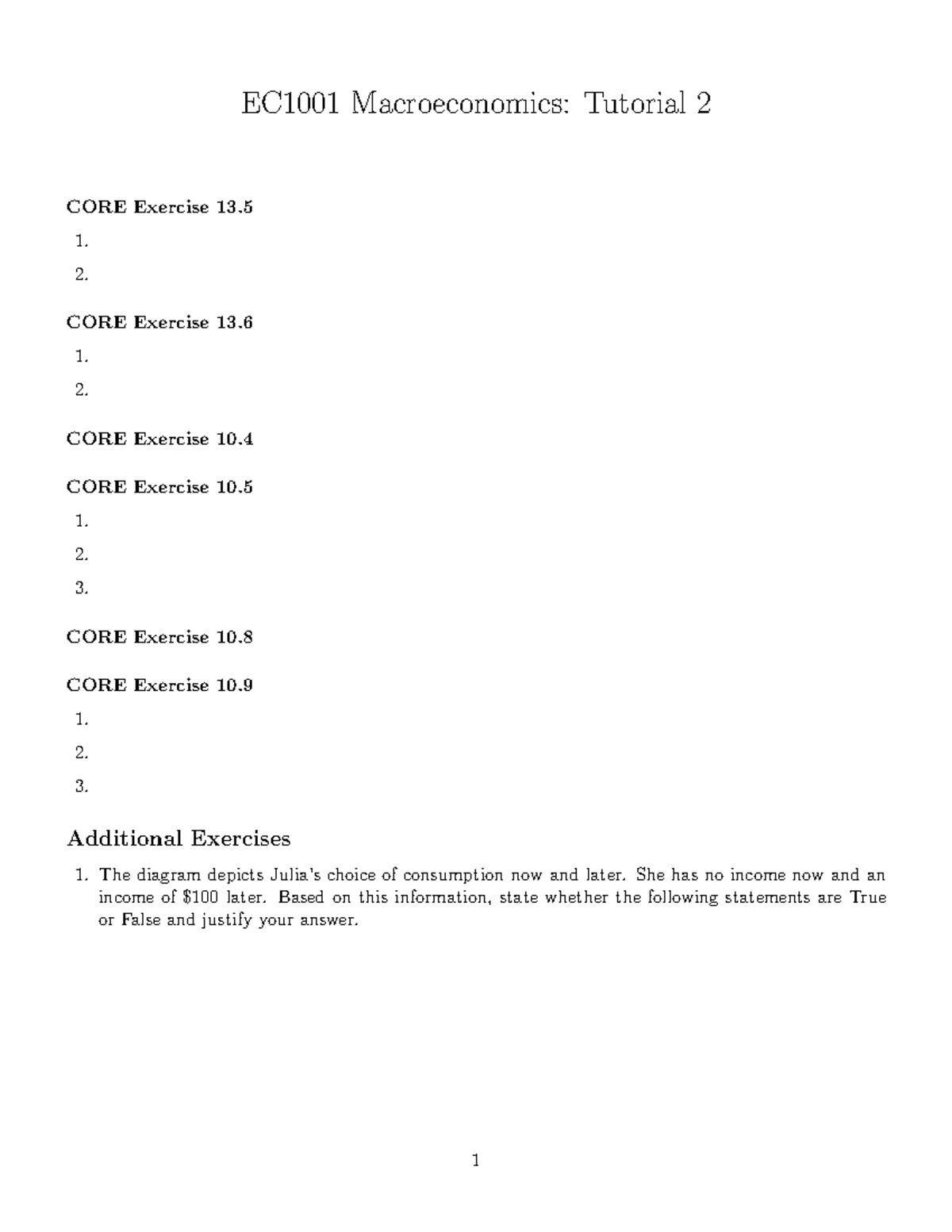 EC1001 tutorial 2 - questions - EC1001 Macroeconomics: Tutorial 2 CORE ...