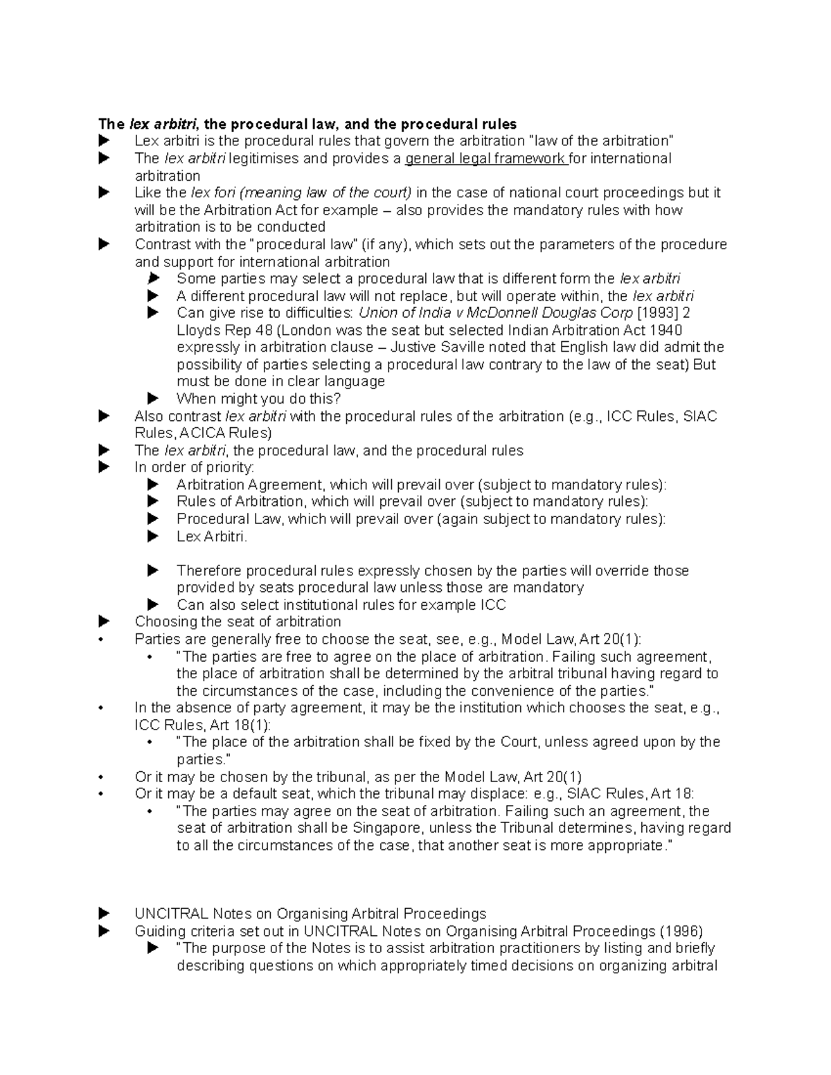 Class 1 - notes - The lex arbitri, the procedural law, and the ...