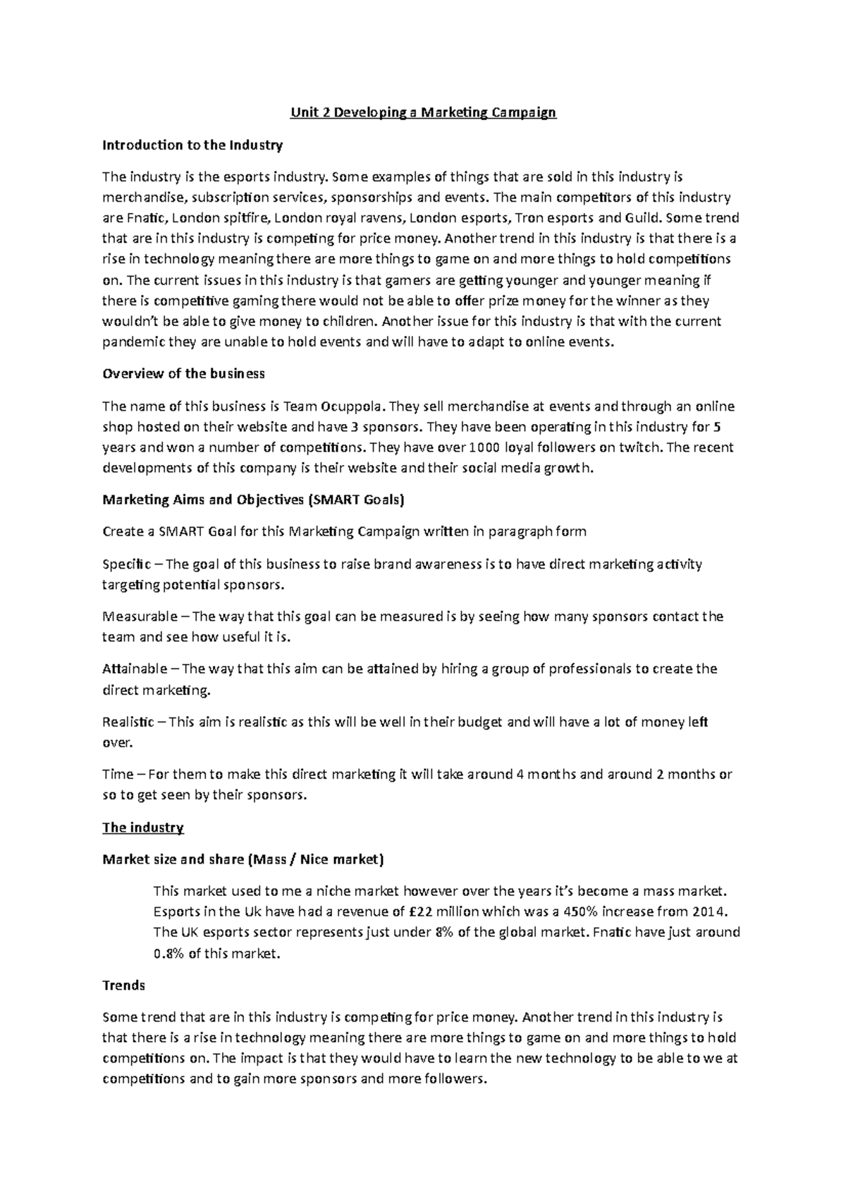 Unit 2 Esports Write up - Unit 2 Developing a Marketing Campaign ...