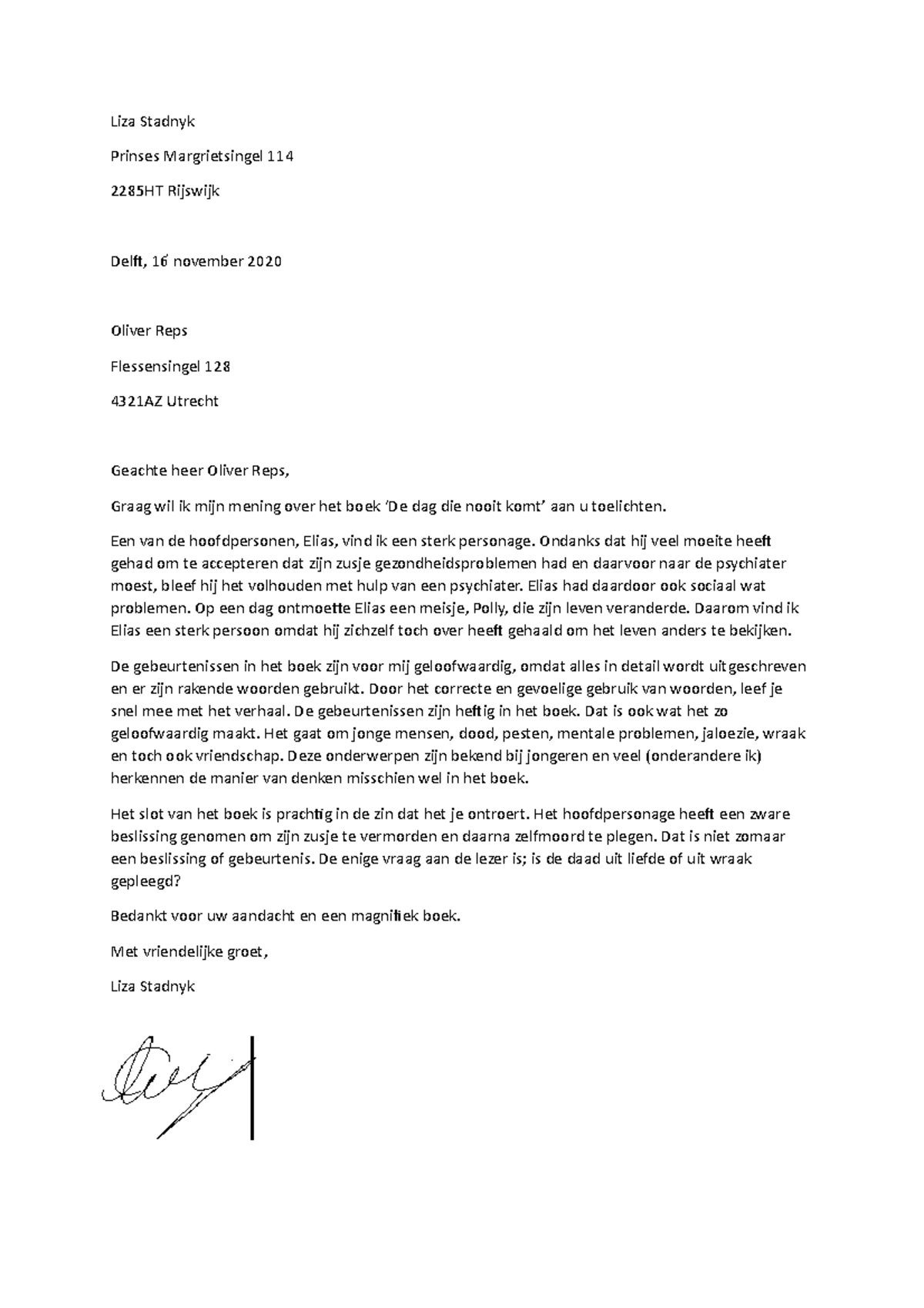 Zakelijke brief aan de auteur - Liza Stadnyk Prinses Margrietsingel 114 ...