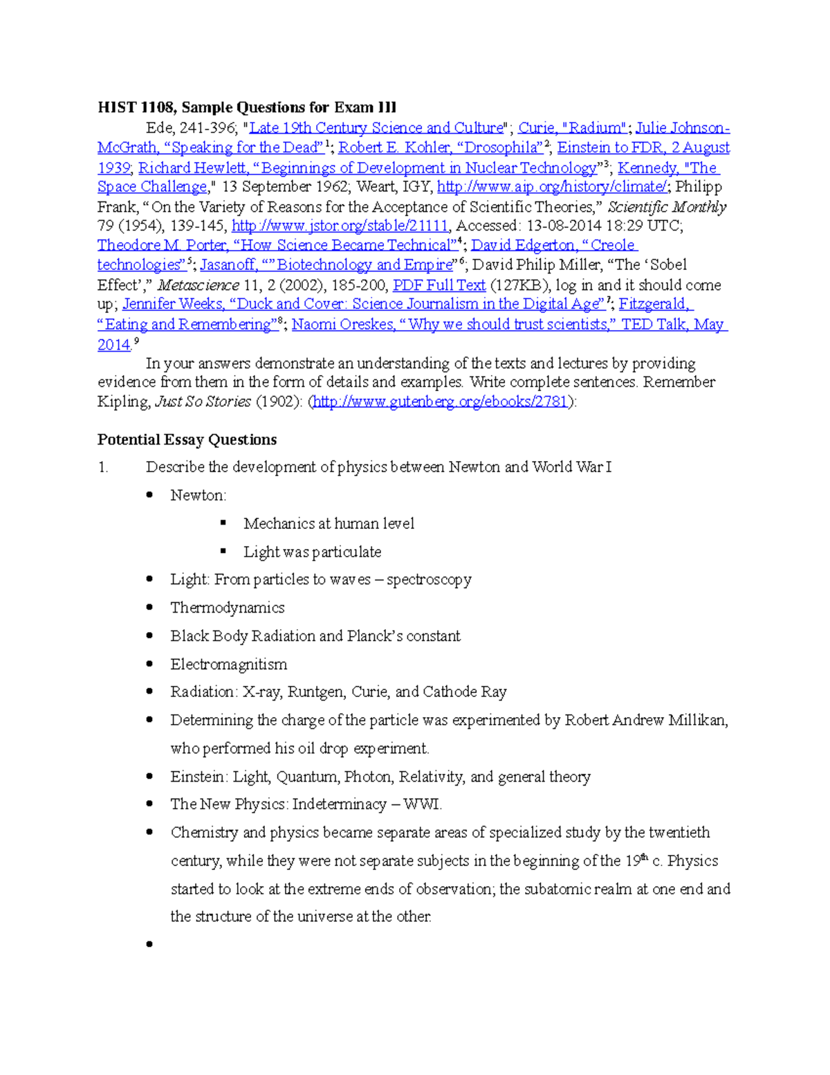 Exam III Review - HIST 1108, Sample Questions for Exam III Ede, 241-396 ...