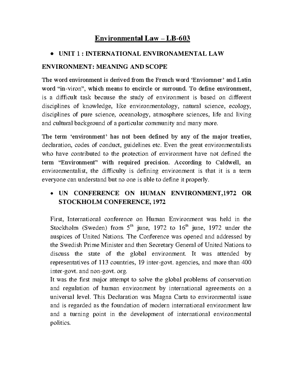 Environmental Law Notes - Environmental Law – LB- UNIT 1 ...