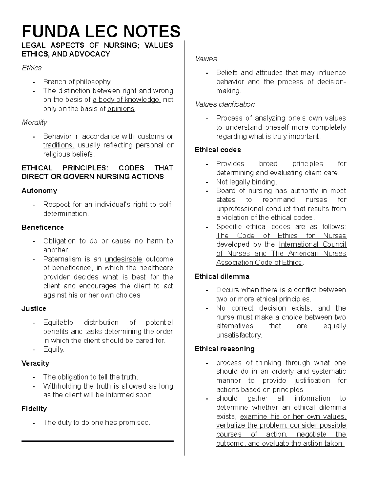 Legal Aspects Notes - LEGAL ASPECTS OF NURSING; VALUES ETHICS, AND ...