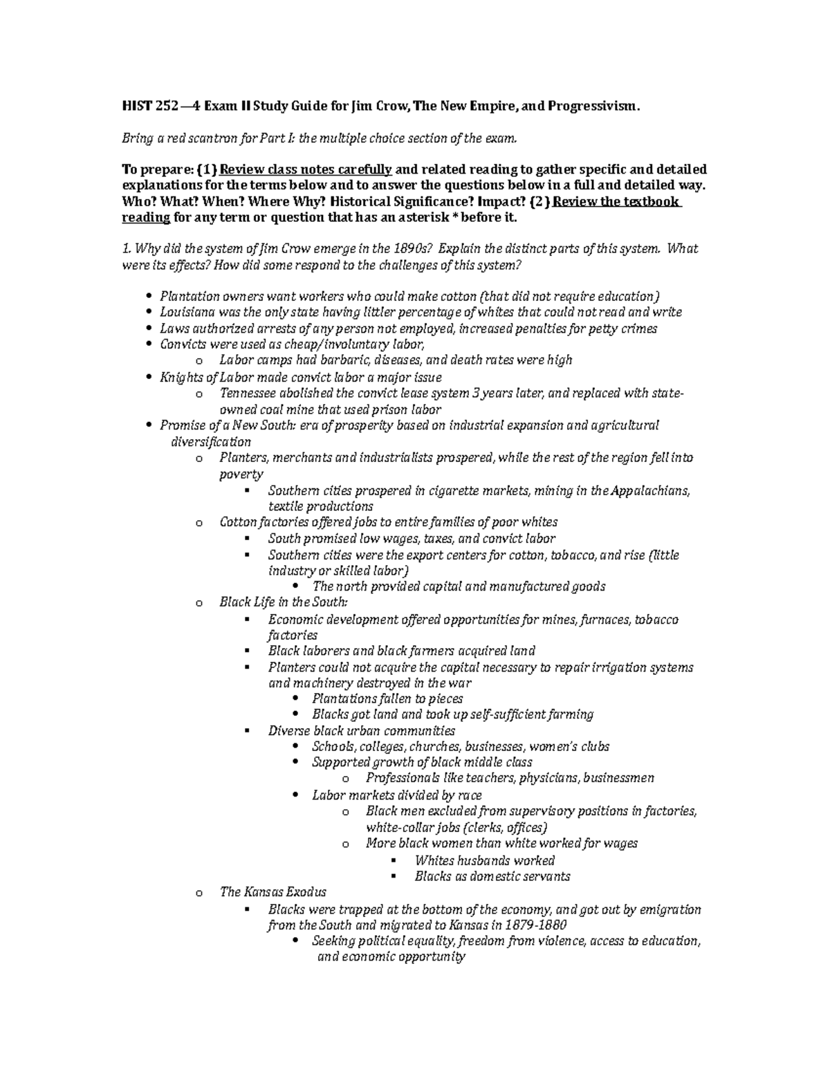 Midterm 2 Study Guide - HIST 252—4 Exam II Study Guide for Jim Crow ...