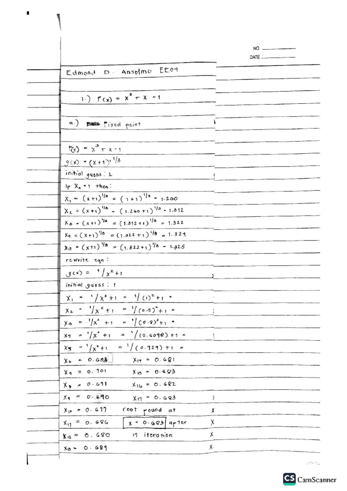 .vdjsjdhjdjssvshhaudhshdhhds - NO. DATE Edmond D Anselmo EE04 1.) F(x)=x"+x-1 = - a.) Fixed ...