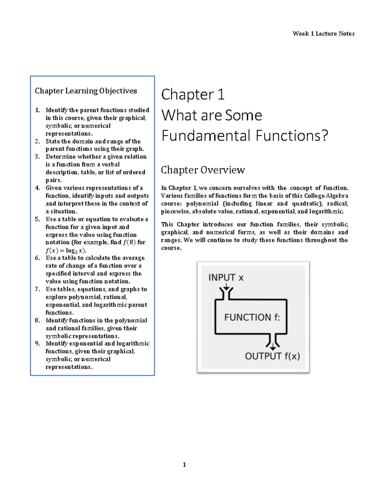 W23 Mth 111 Lecture Notes Chapter 1 What Are Some Fundamental Functions Chapter Overview In