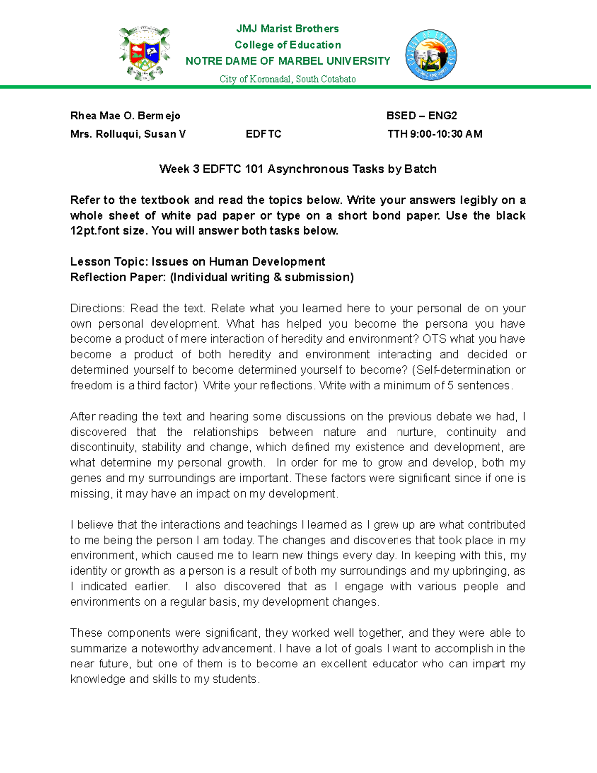 Edftc-1-final - Sample Answer - Rhea Mae O. Bermejo BSED – ENG Mrs. Rolluqui, Susan V EDFTC TTH ...