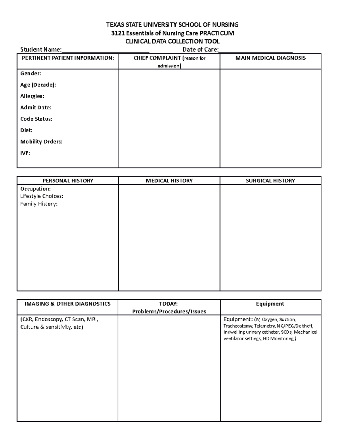 Clinical Data Collection Tool - TEXAS STATE UNIVERSITY SCHOOL OF ...