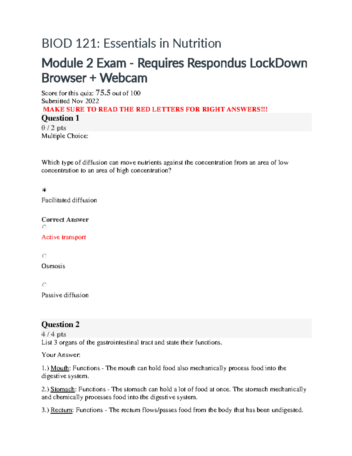 BIOD 121 Module 2 Lock Down Exam - Module 2 Exam - Requires Respondus ...