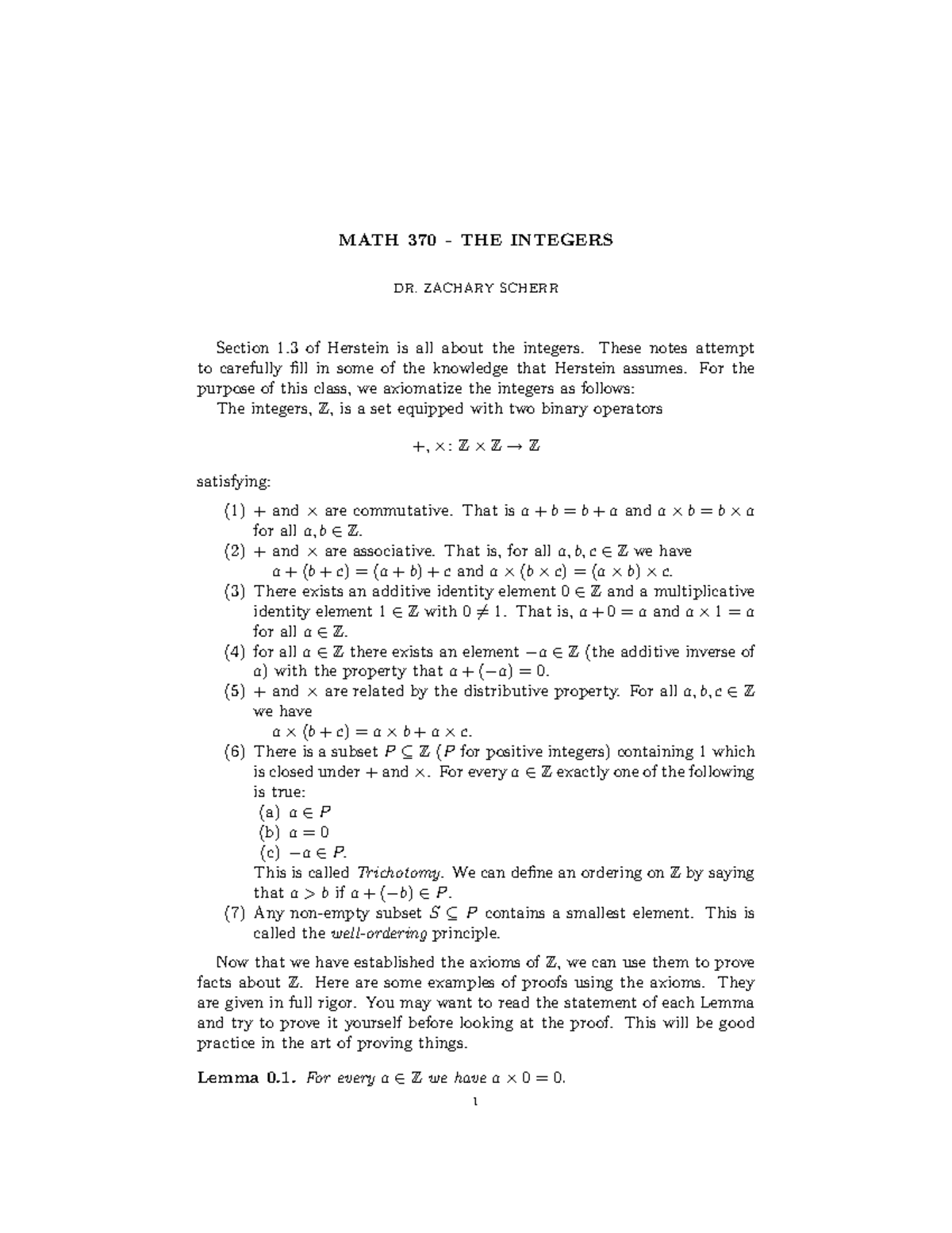 Practical - The integers - MATH 370 THE INTEGERS DR. ZACHARY SCHERR ...