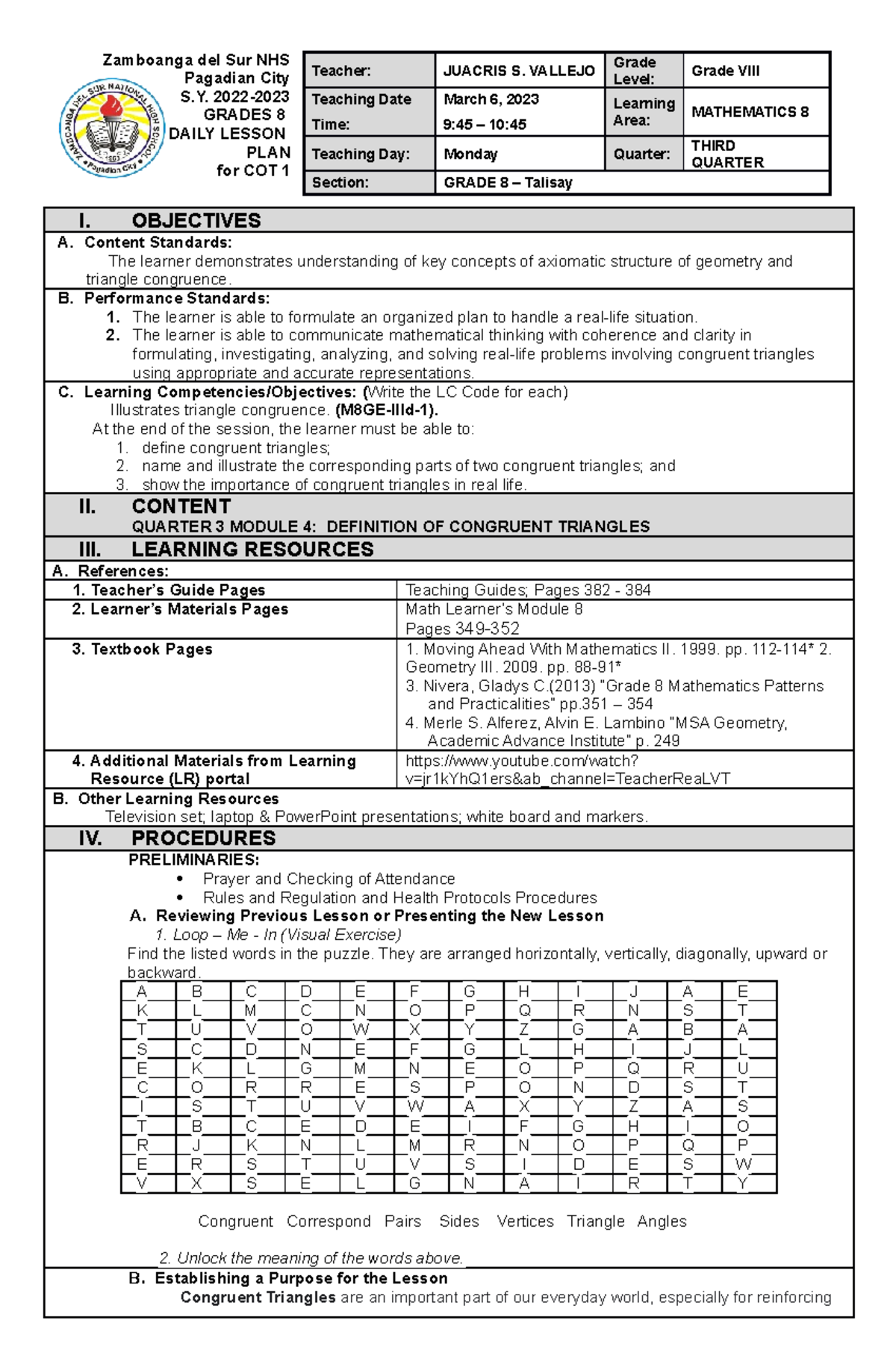 Lesson Plan COT 1 - I. OBJECTIVES A. Content Standards: The learner ...