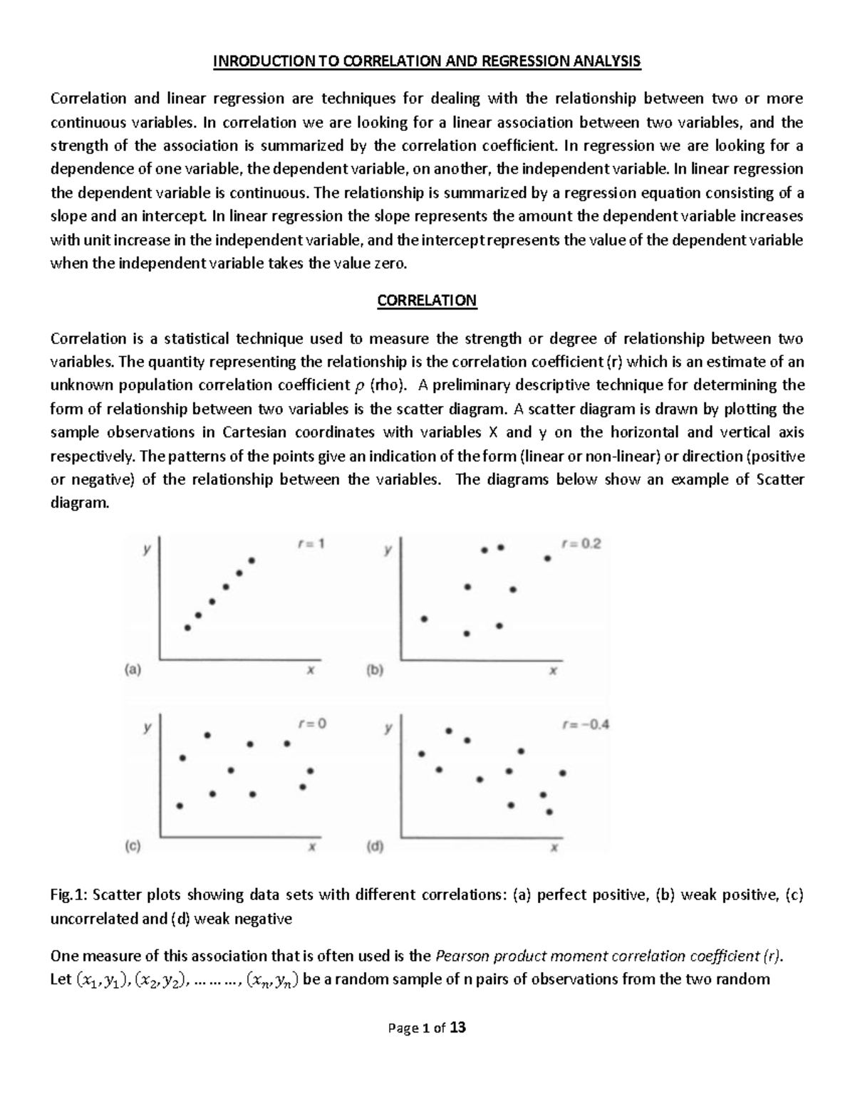 STA 224 NOTE Correlation 1-1 - INRODUCTION TO CORRELATION AND ...