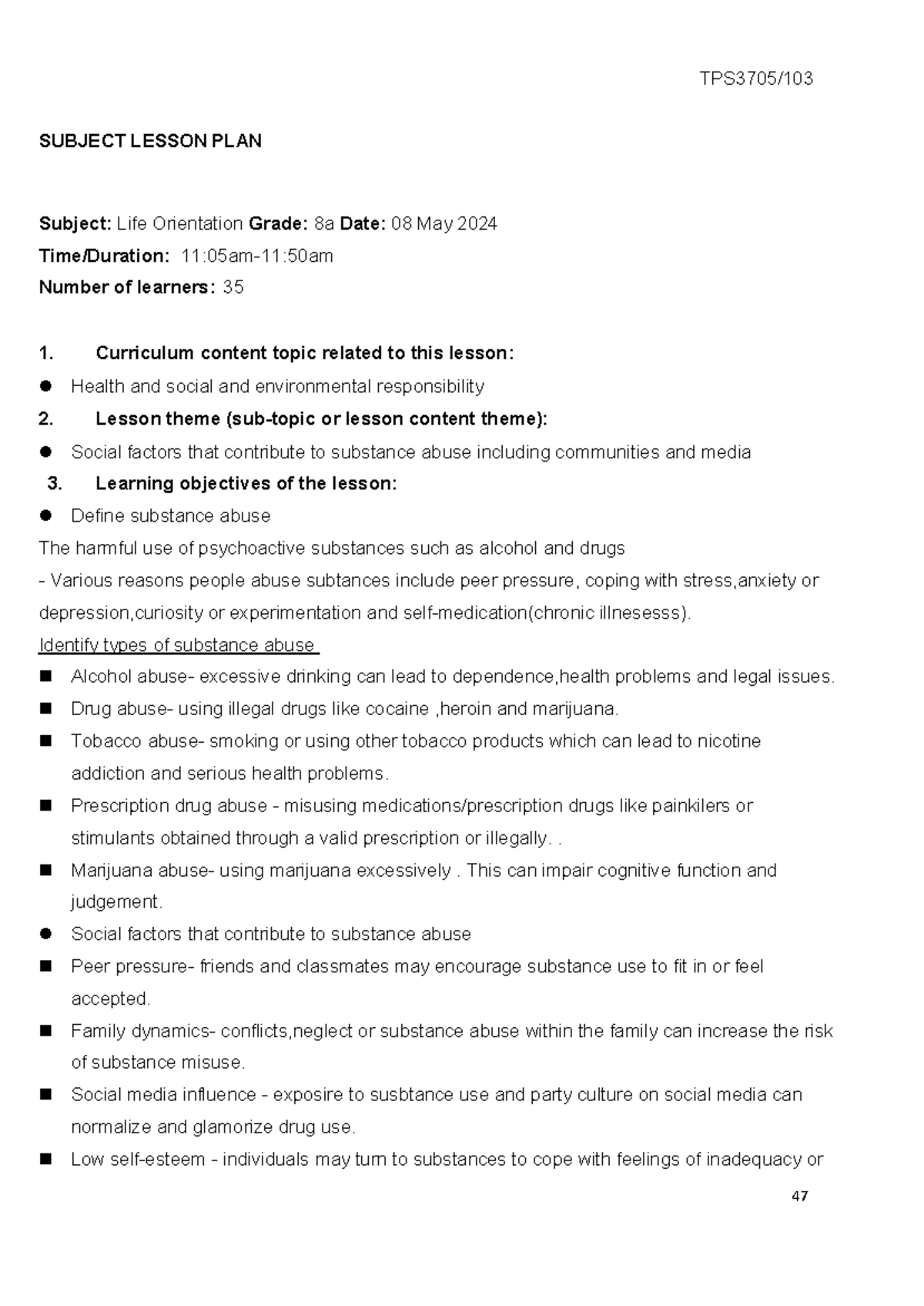 Life Orientation Lesson Plan 08 May 2024 - SUBJECT LESSON PLAN Subject ...
