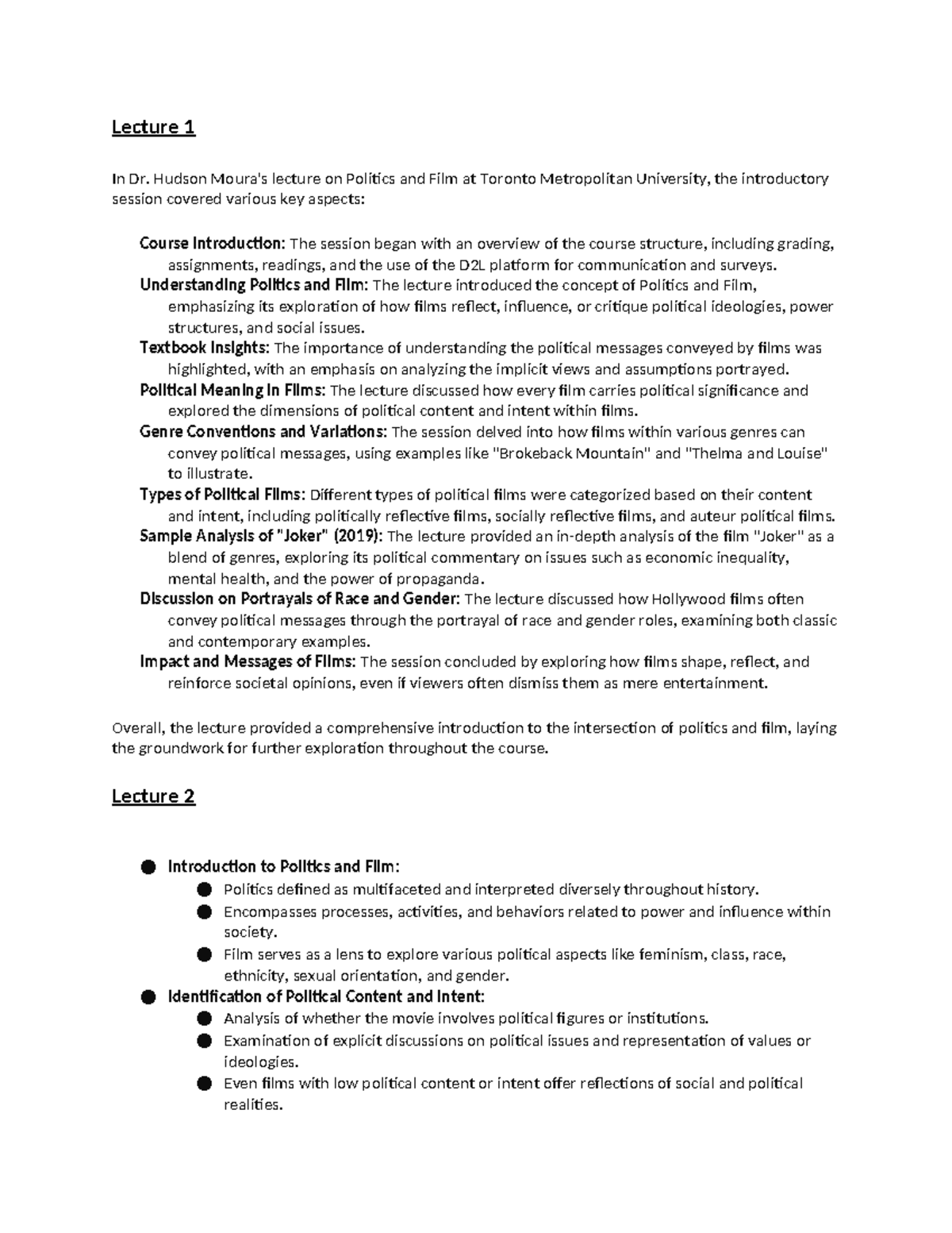 POL 128 midterm - Summary Politics and Film - Lecture 1 In Dr. Hudson Moura's lecture on ...