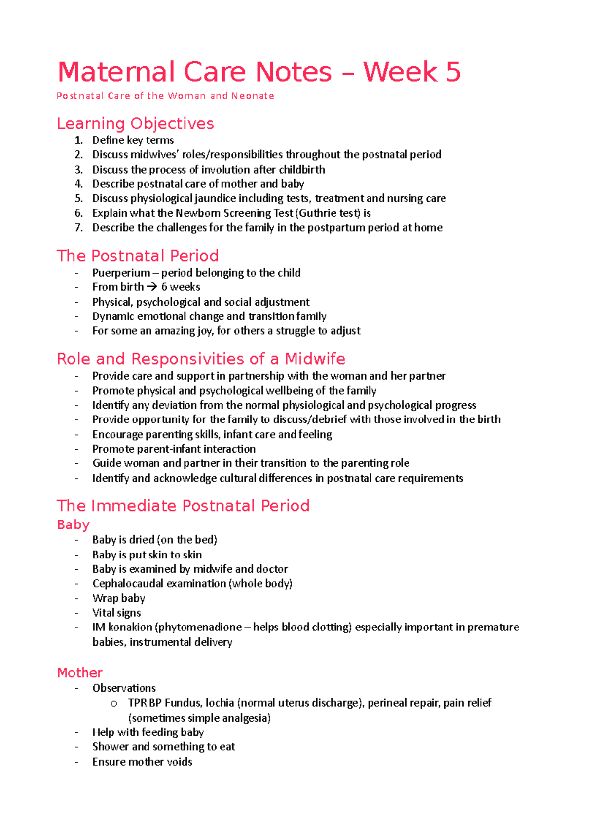Maternal Care Notes – Week 5 - Maternal Care Notes – Week 5 Postnatal ...