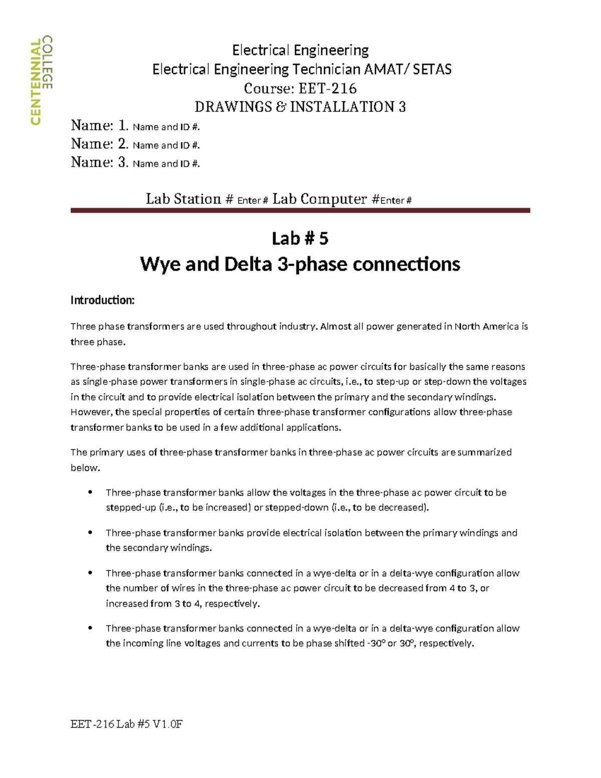 EET-216 LAB #5 V1.0FL - Transformer Wye and Delta 3-Phase Connection ...