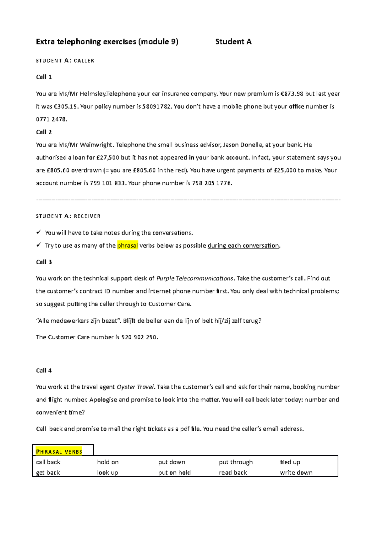 1 Extra telephoning exercises 9A - Extra telephoning exercises (module ...