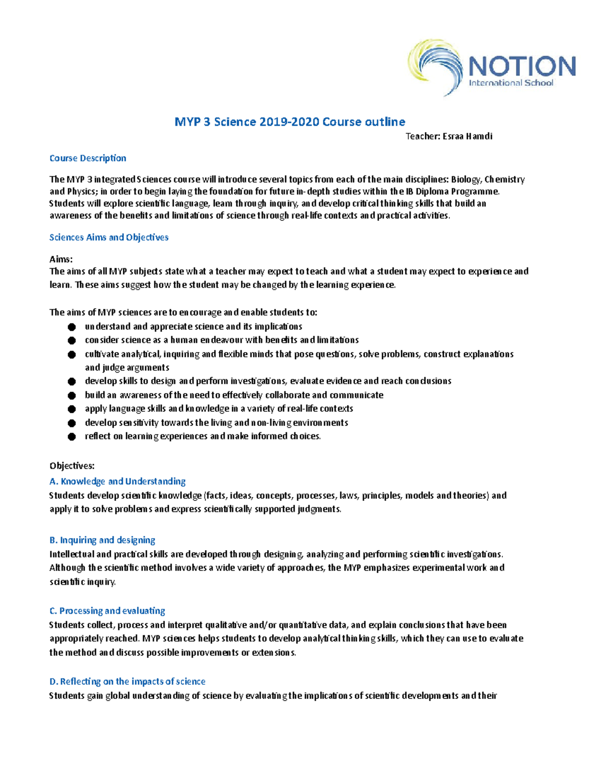 MYP 3-science coarse -outline 2019 2020 - MYP 3 Science 2019-2020 ...