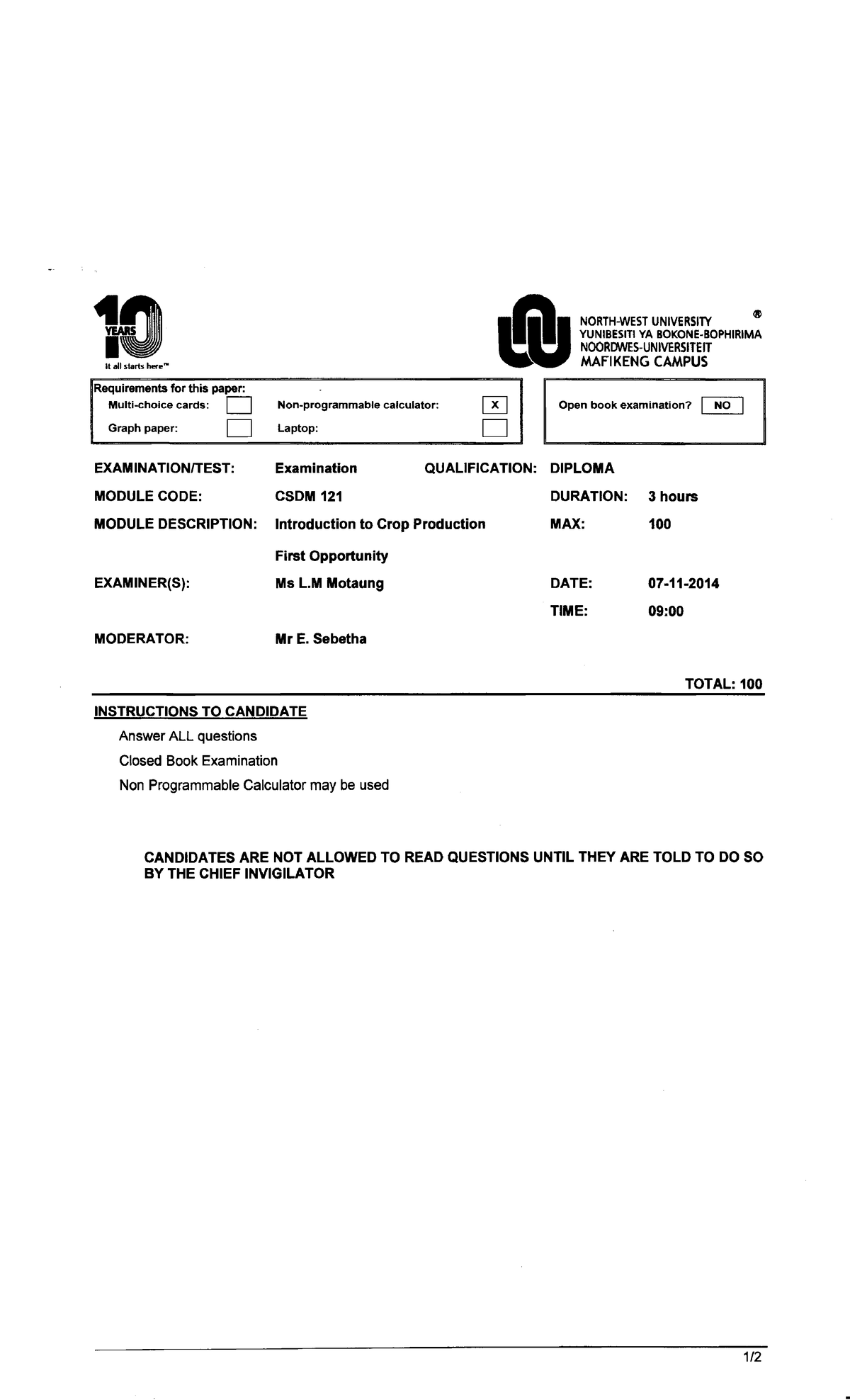 CSDM121 2014 - DR NCAMA - It all starts Requirements for this paper ...