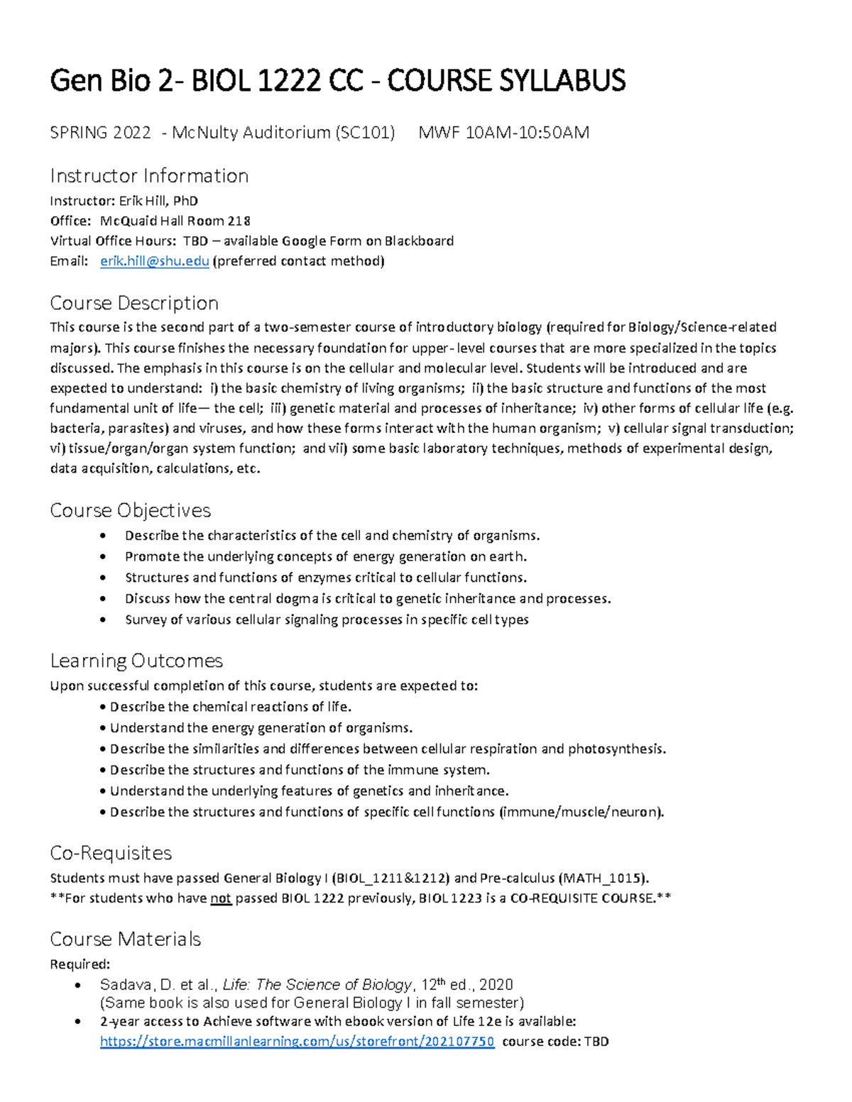 BIOL 1222CC syllabus 2022 - Gen Bio 2 - BIOL 1222 CC - COURSE SYLLABUS ...