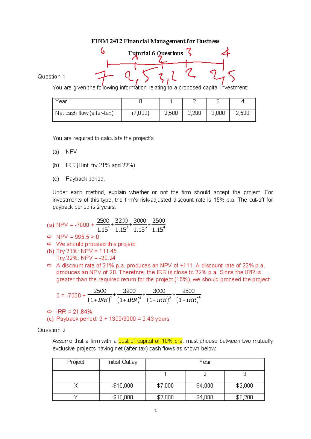 Tutorial 6 Questions - Finance Tutor - FINM 2412 Financial Management ...