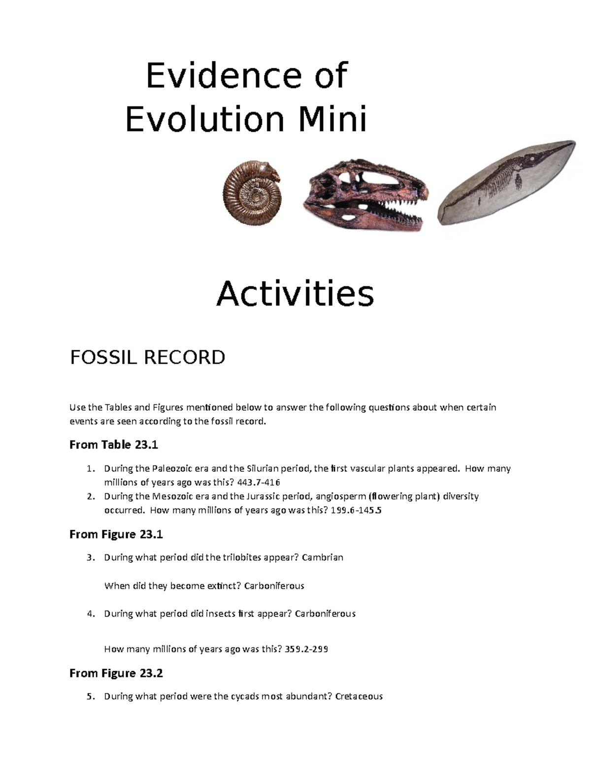 Evidence of Evolution Mini Activities - Evidence of Evolution Mini ...