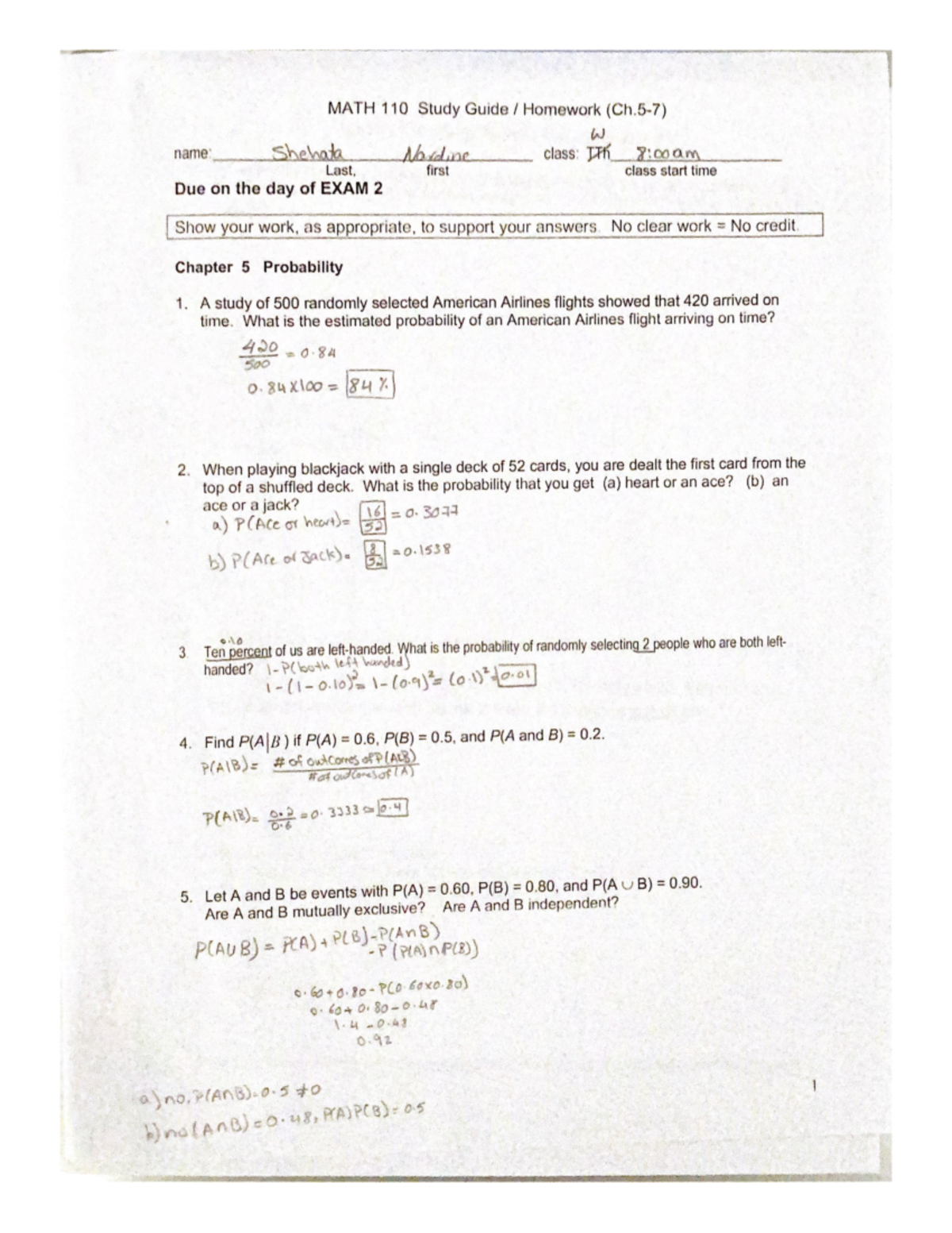 Exam 2 - Study guide for Exam 2 - MATH 110 - Studocu