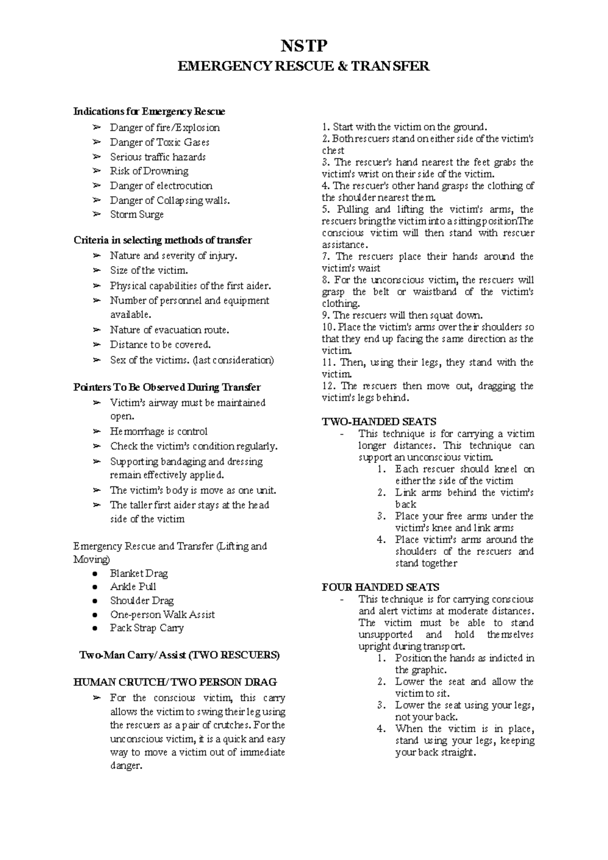NSTP ERT - notes - NSTP EMERGENCY RESCUE & TRANSFER Indications for ...