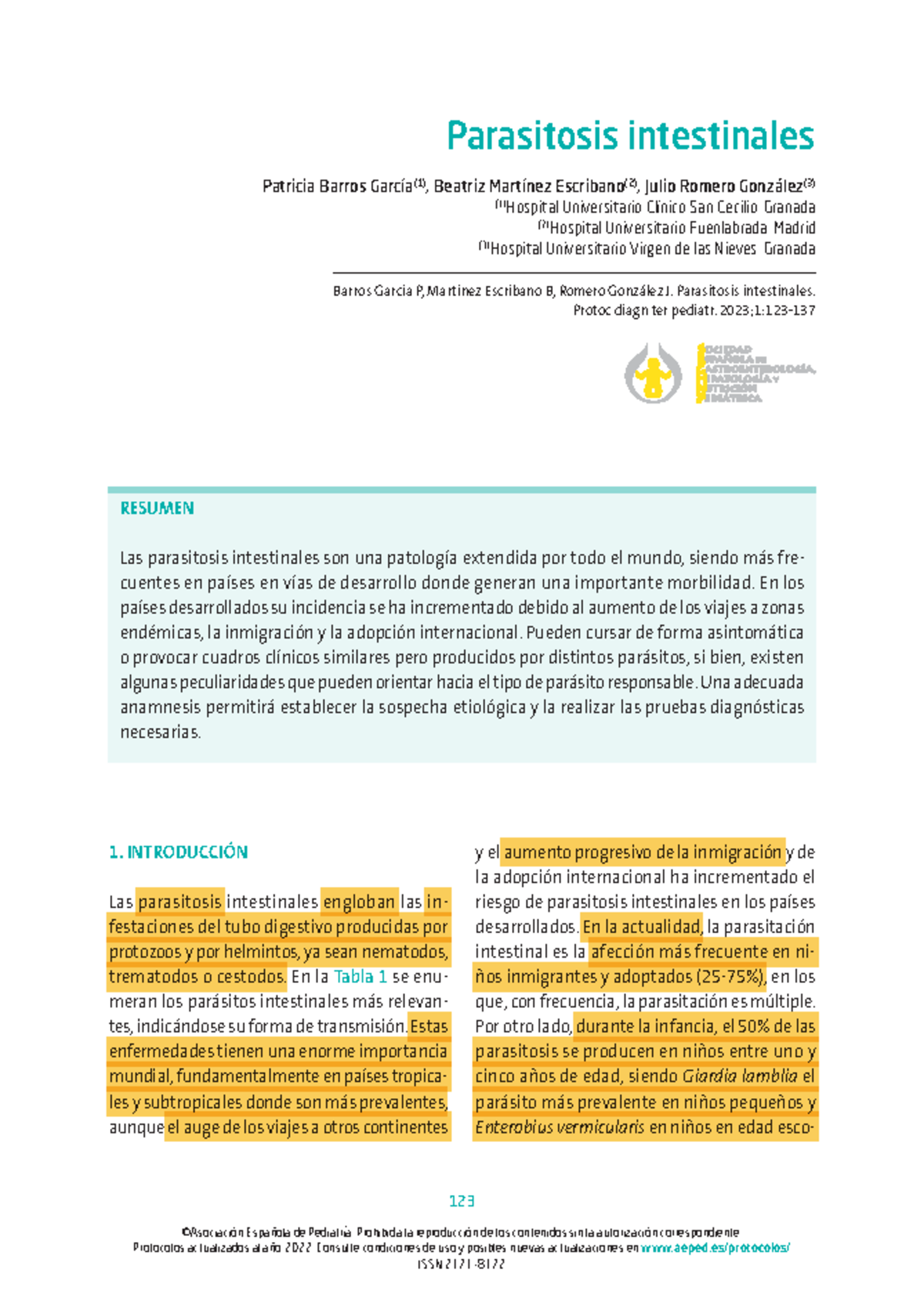 Parasitosis en el paciente pediatrico - 123 ©Asociación Española de ...
